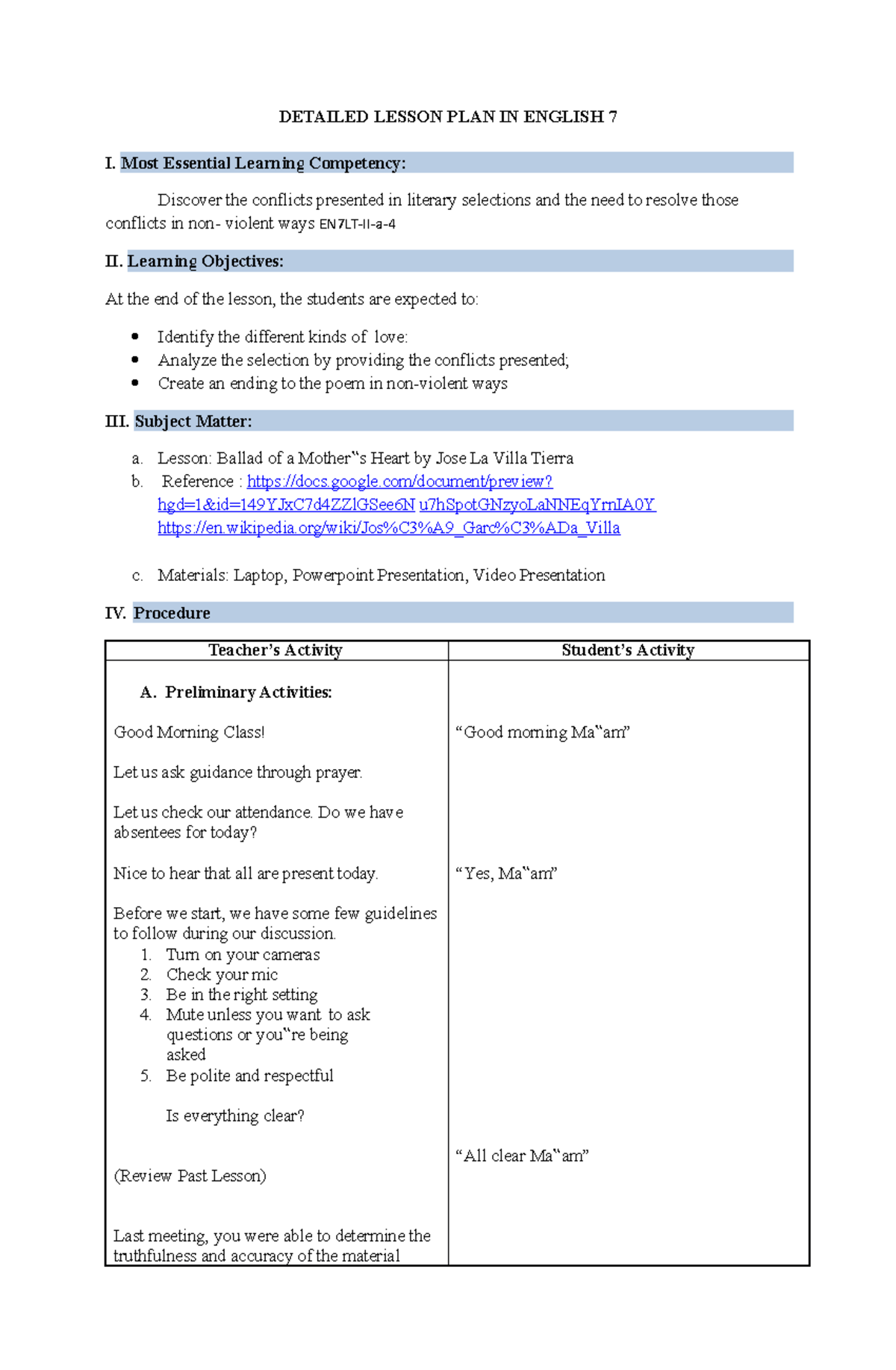 Detailed Lesson Plan for EN7 on "Ballad of a Mother's Heart" - Studocu