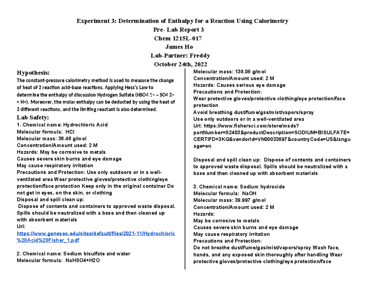 Chem 1215L Pre Lab Report 3: Enthalpy Determination via Calorimetry ...