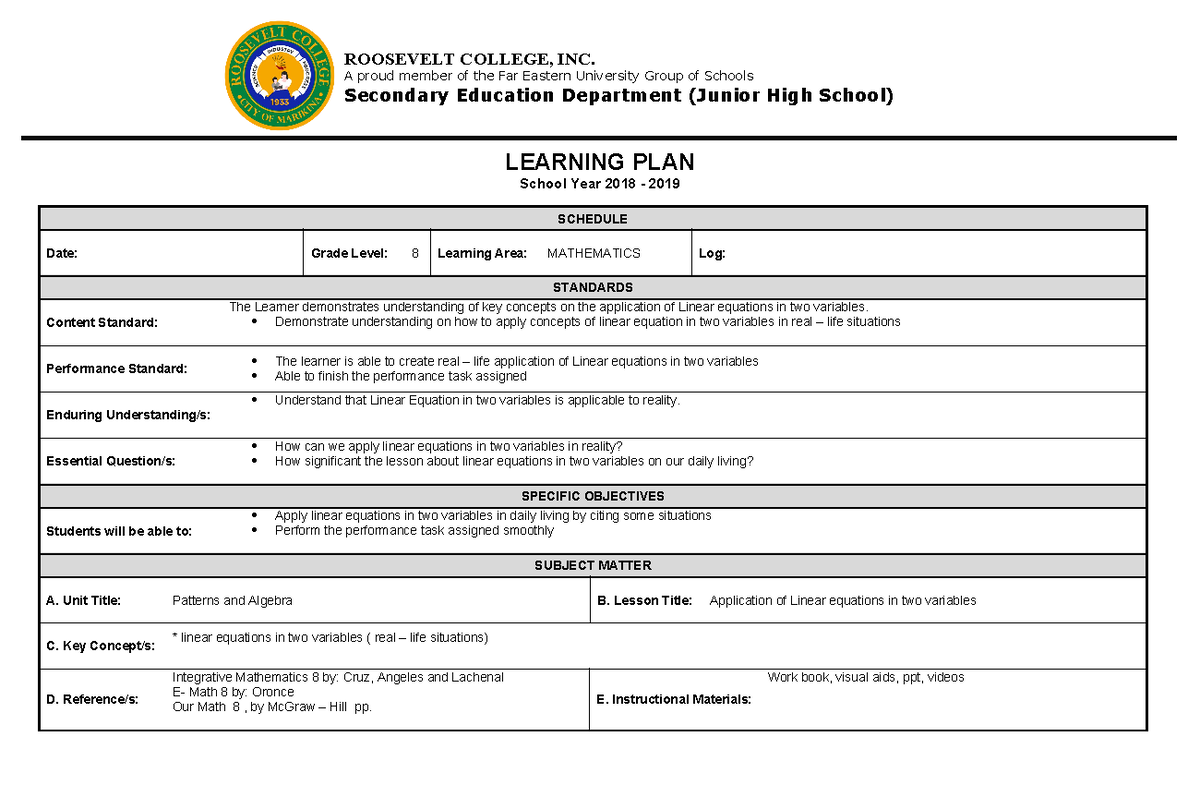 LP2ndqtrappand PT - LP in Math 8 - ROOSEVELT COLLEGE, INC. A proud ...