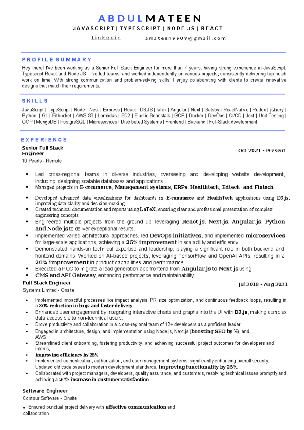 ABDULMATEEN: Full Stack Engineer Resume (JavaScript, TypeScript, React ...