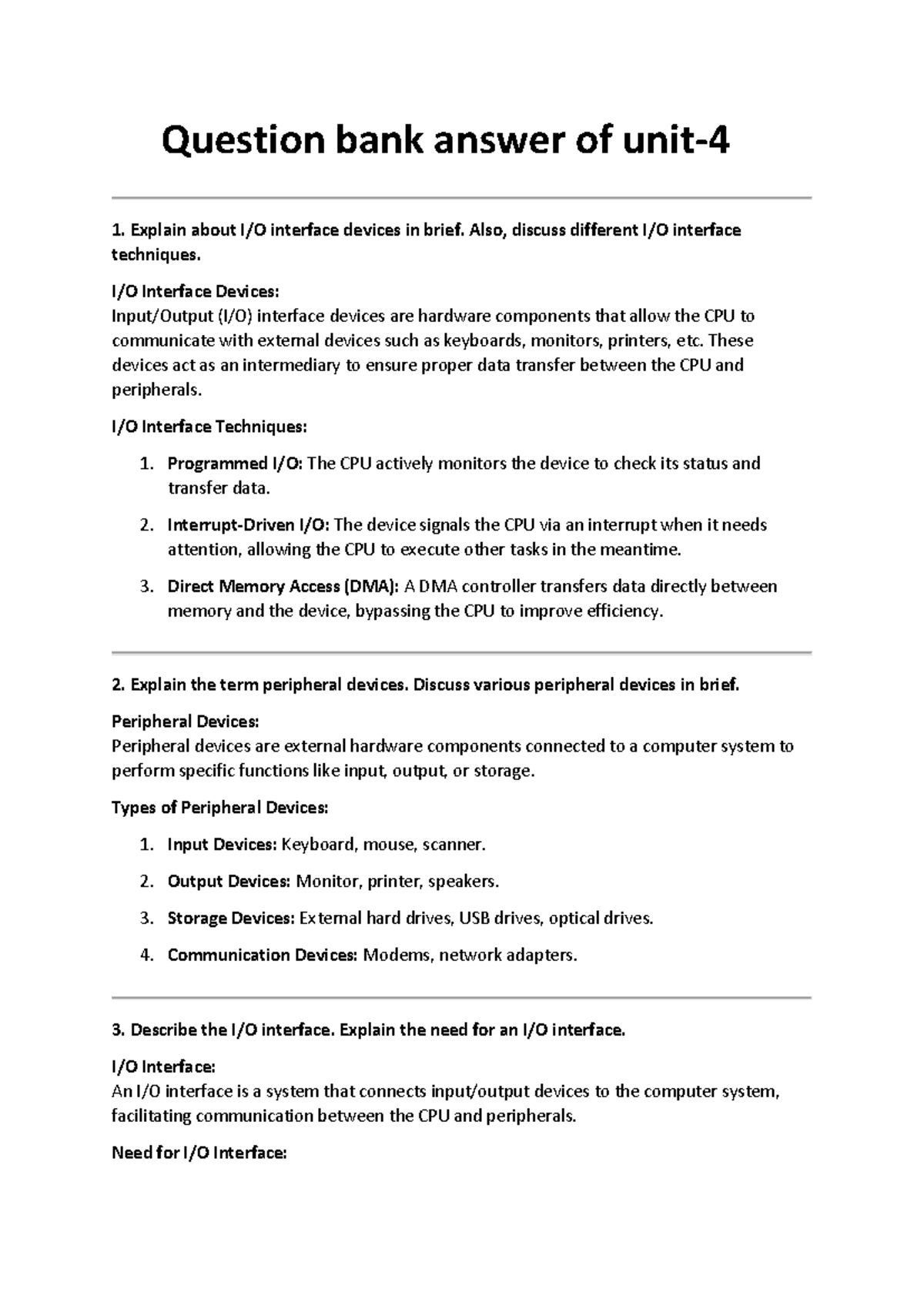Deco unit 4 - best way to learn unit 4 - Question bank answer of unit- 4 Explain about I/O ...