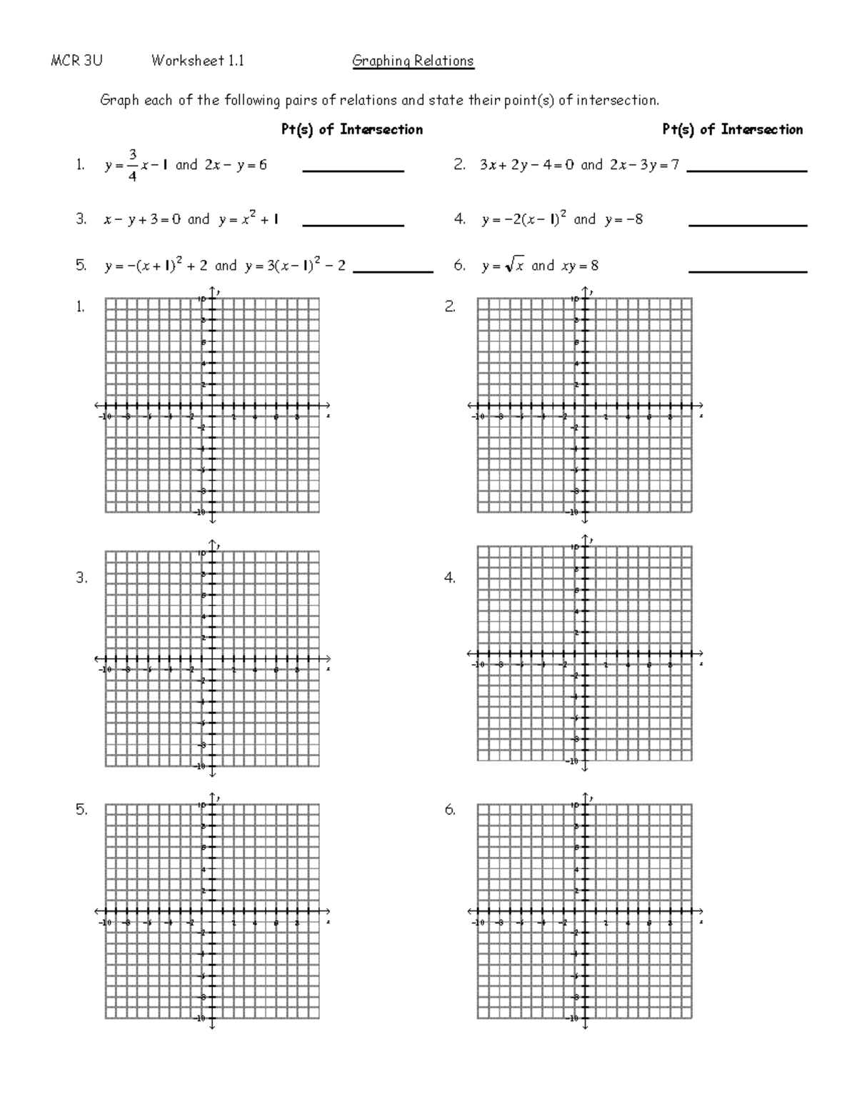 WS 1.1 (I) Graphing Relations - –10 –8 –6 –4 –2 2 4 6 8 x y y y y y y ...