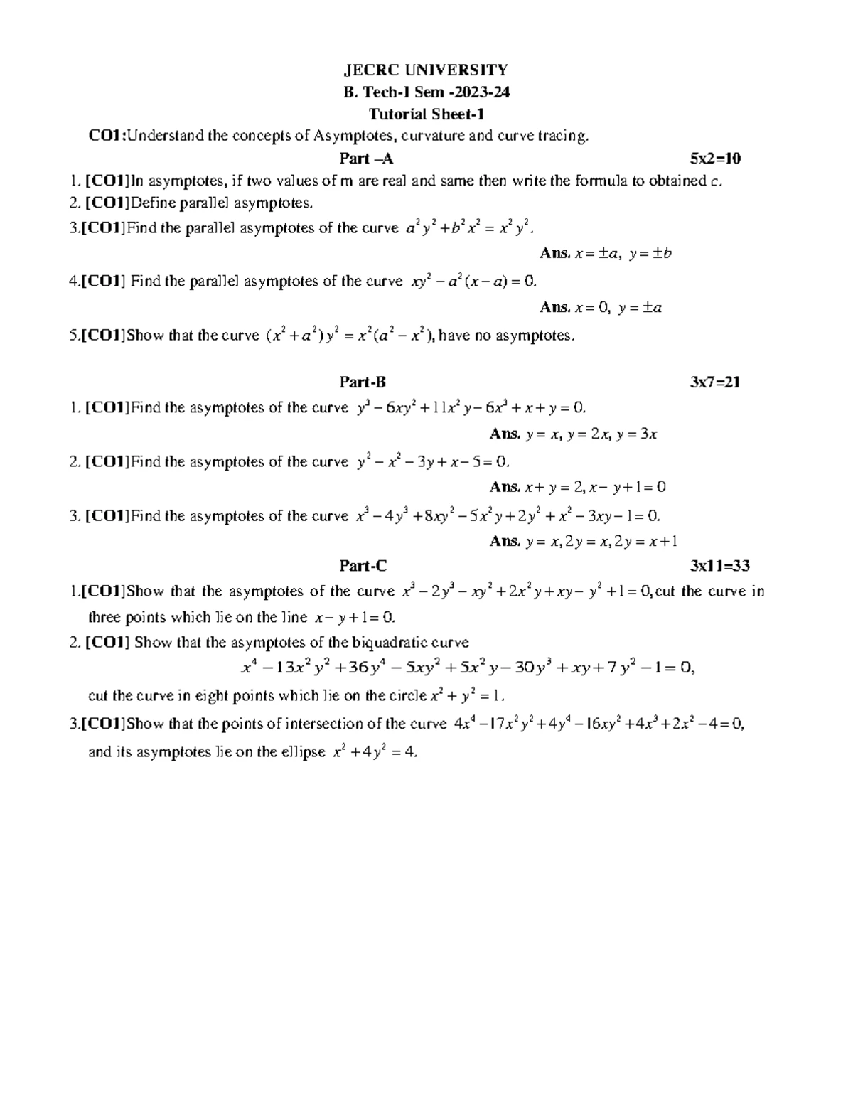 Tutorial sheet 5 EM 1 - JECRC UNIVERSITY B I Sem 2023- Tutorial Sheet ...