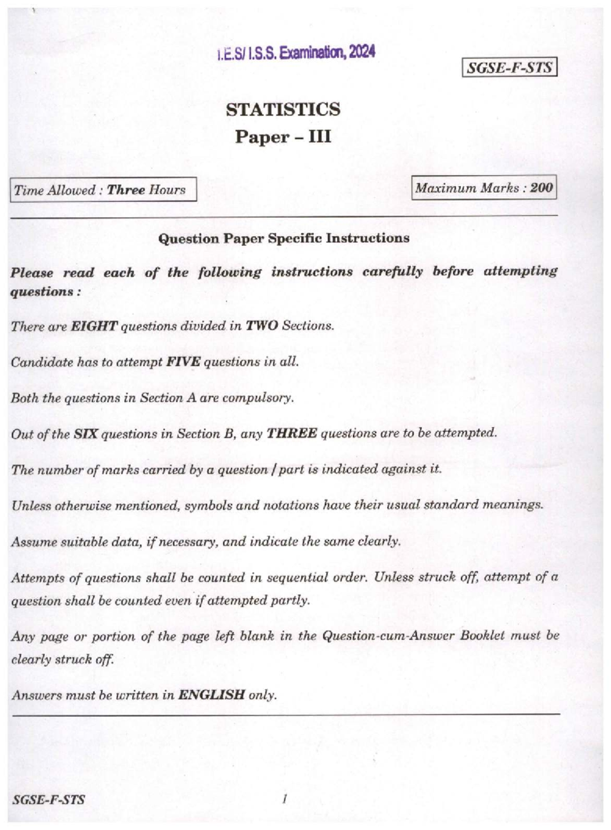 Statistics III: 2024 Examination Paper with Instructions and Questions ...