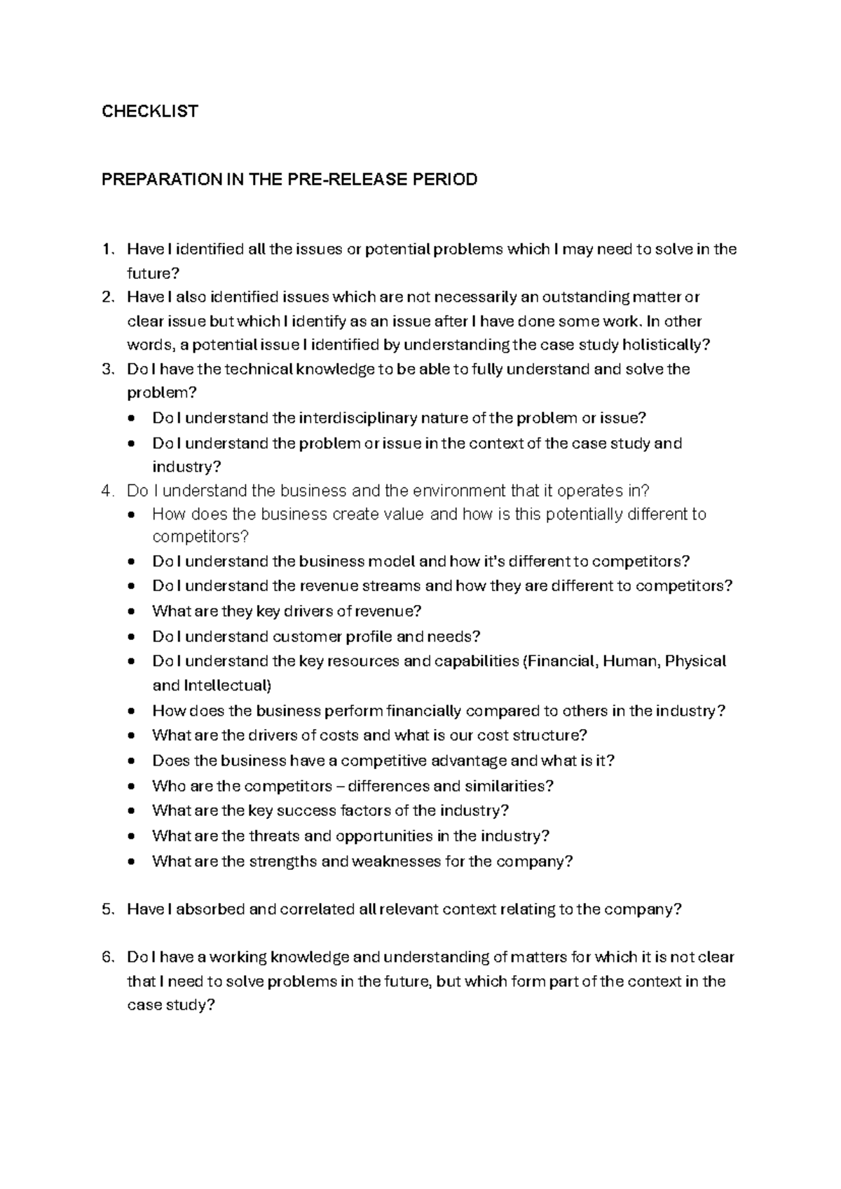 Checklist Preparation for Case Study Analysis - Studocu