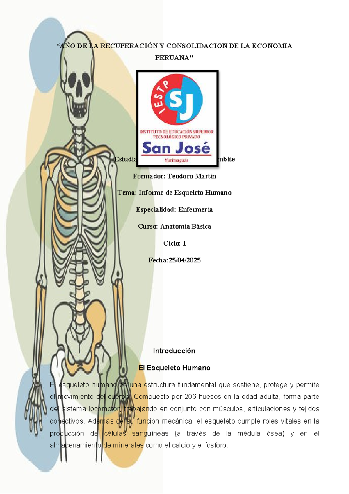 Informe sobre el Esqueleto Humano - Anatomía Básica I - Studocu
