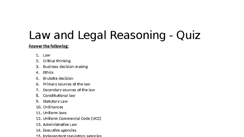 Law and Legal Reasoning Quiz: Key Concepts and Terms - Studocu