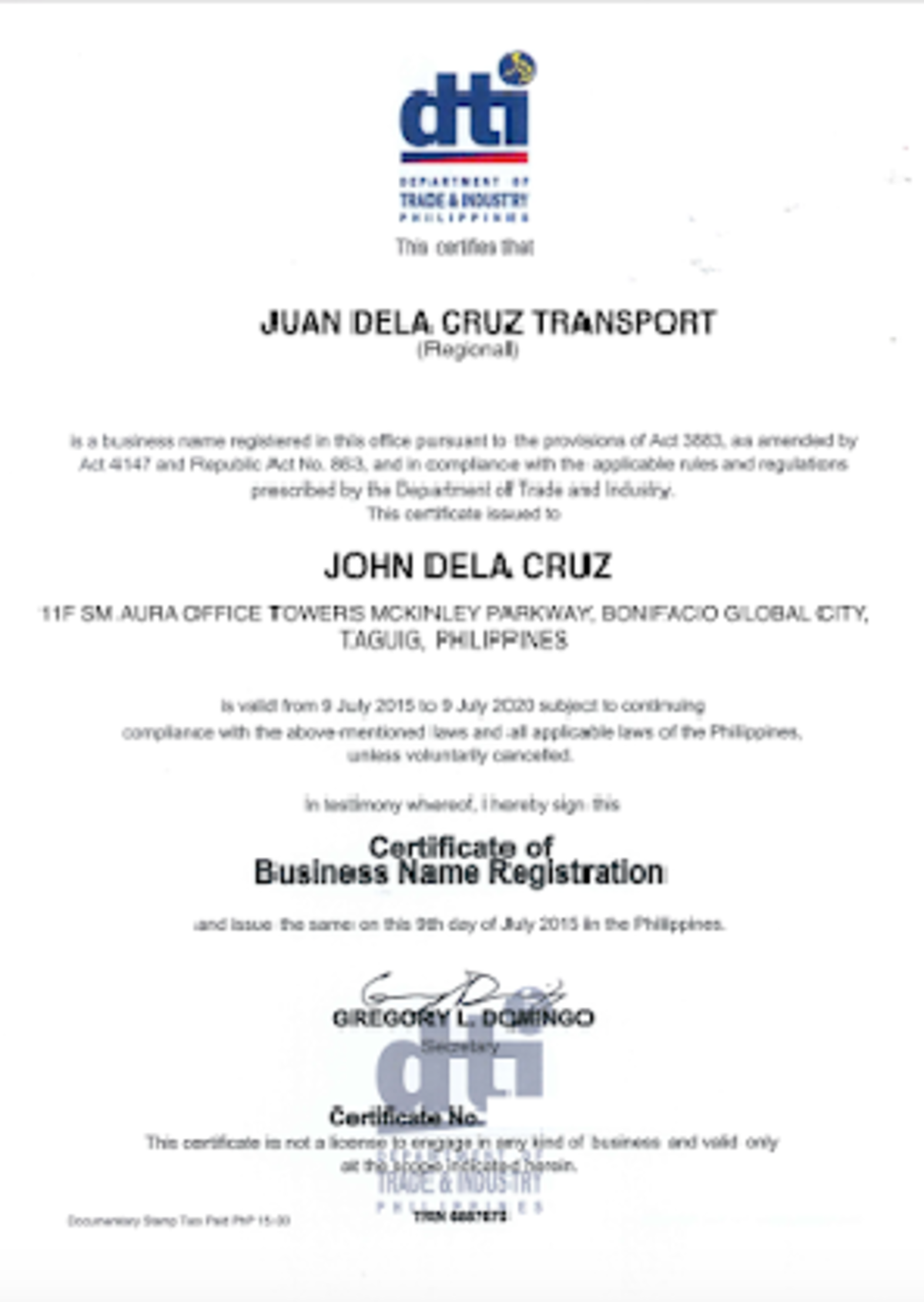 DTI Business Name Registration Certificate Example - Studocu