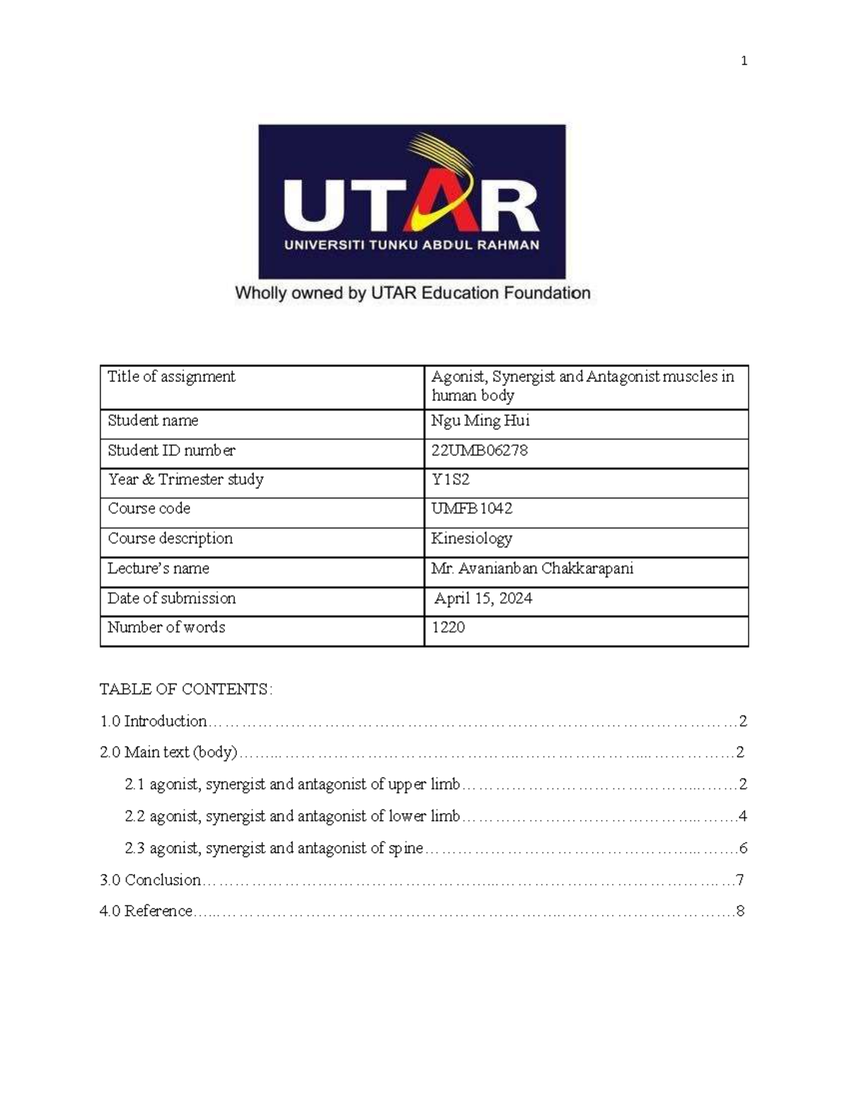 UMFB1042 Kinesiology Assignment: Agonist, Synergist & Antagonist ...