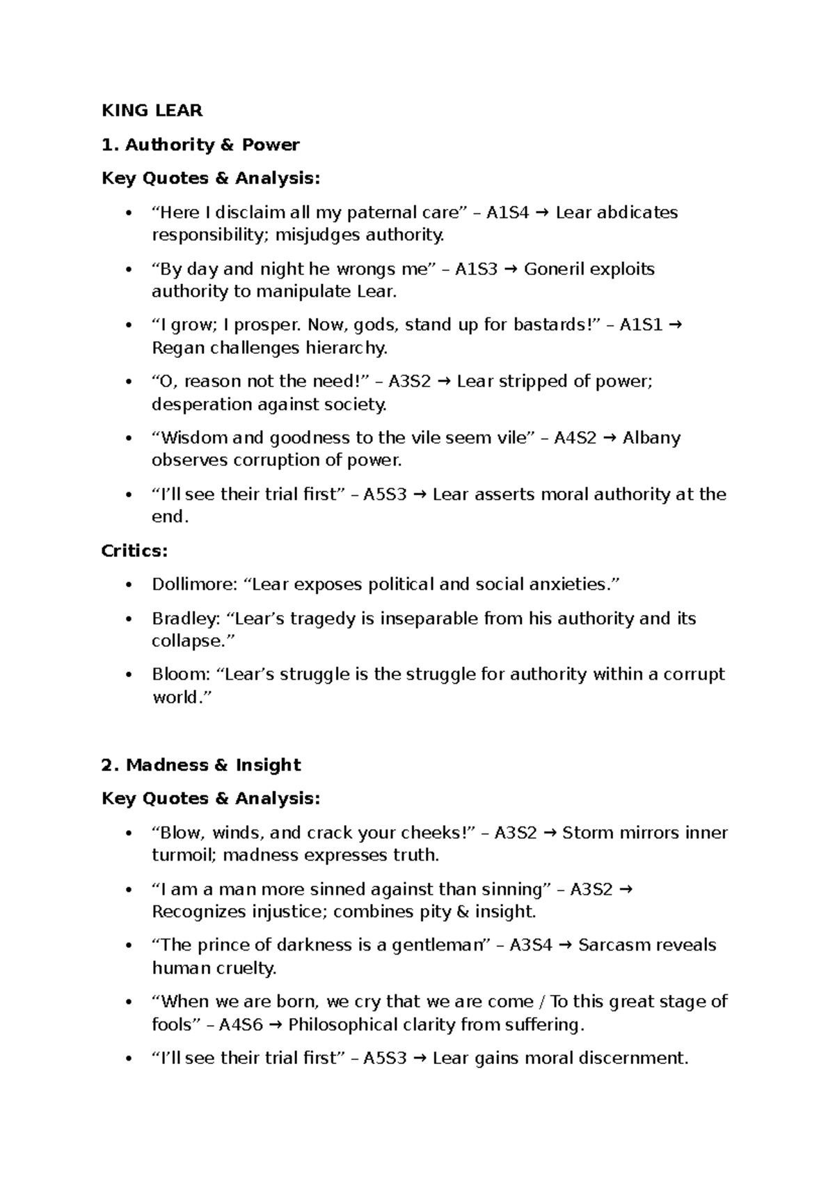 King Lear A1-A5: Themes, Key Quotes & Critical Insights Analysis - Studocu