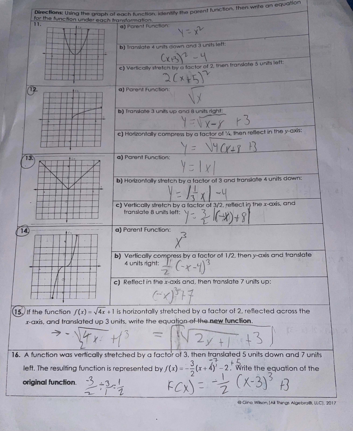 Unit 2.8 Transformations: Identifying Parent Functions and Equations ...