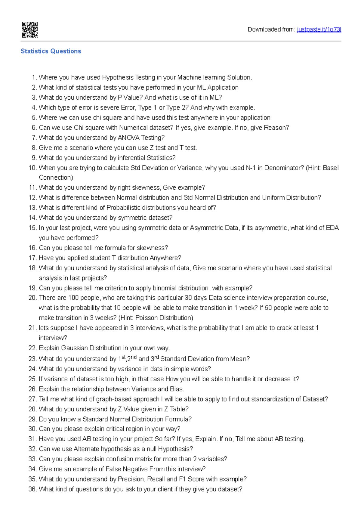 Statistics Interview Questions Set 1 for ML Applications (Stat 101 ...