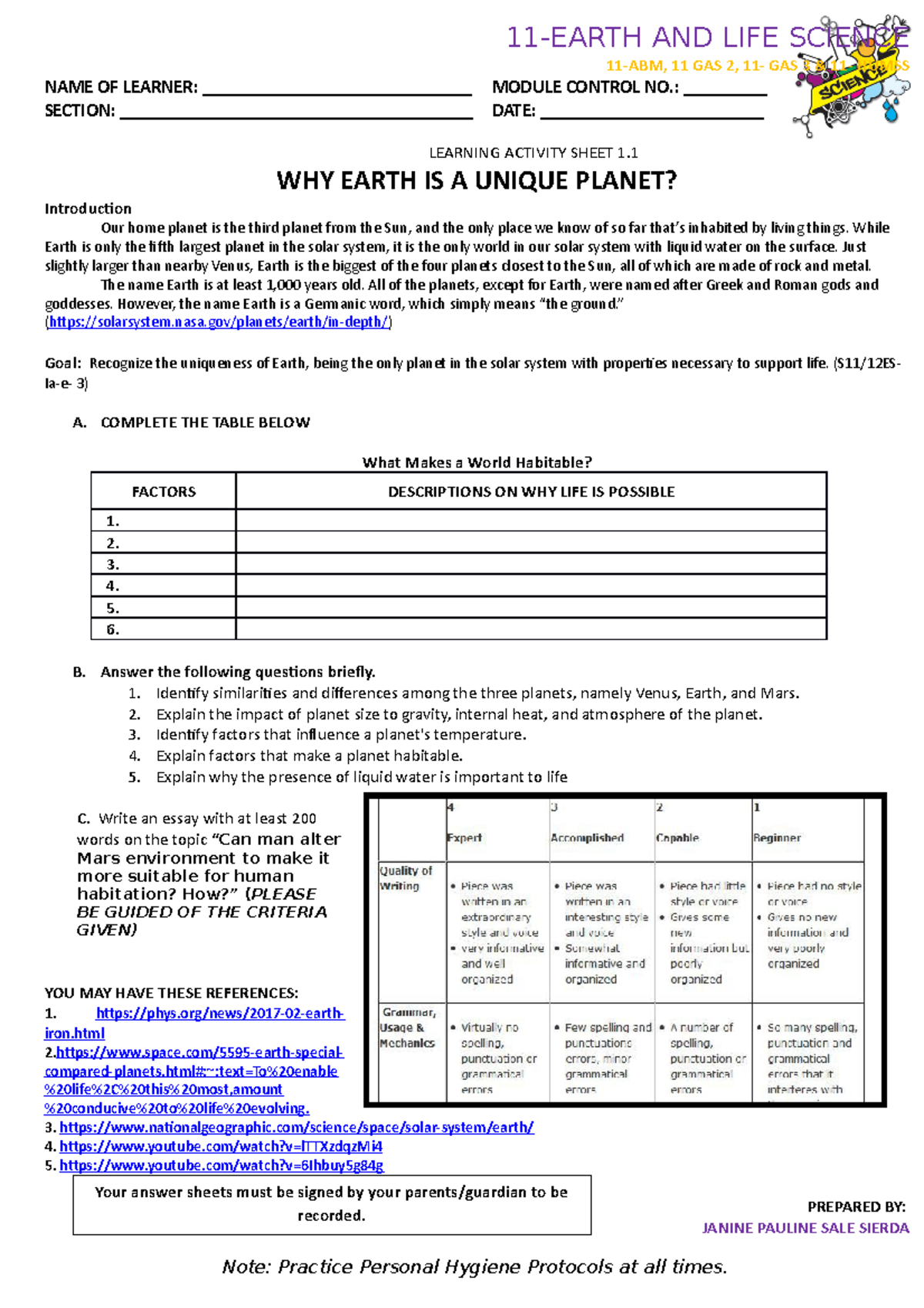 Grade 11 Module 1: Earth As a Unique Planet - 11-EARTH AND LIFE SCIENCE ...