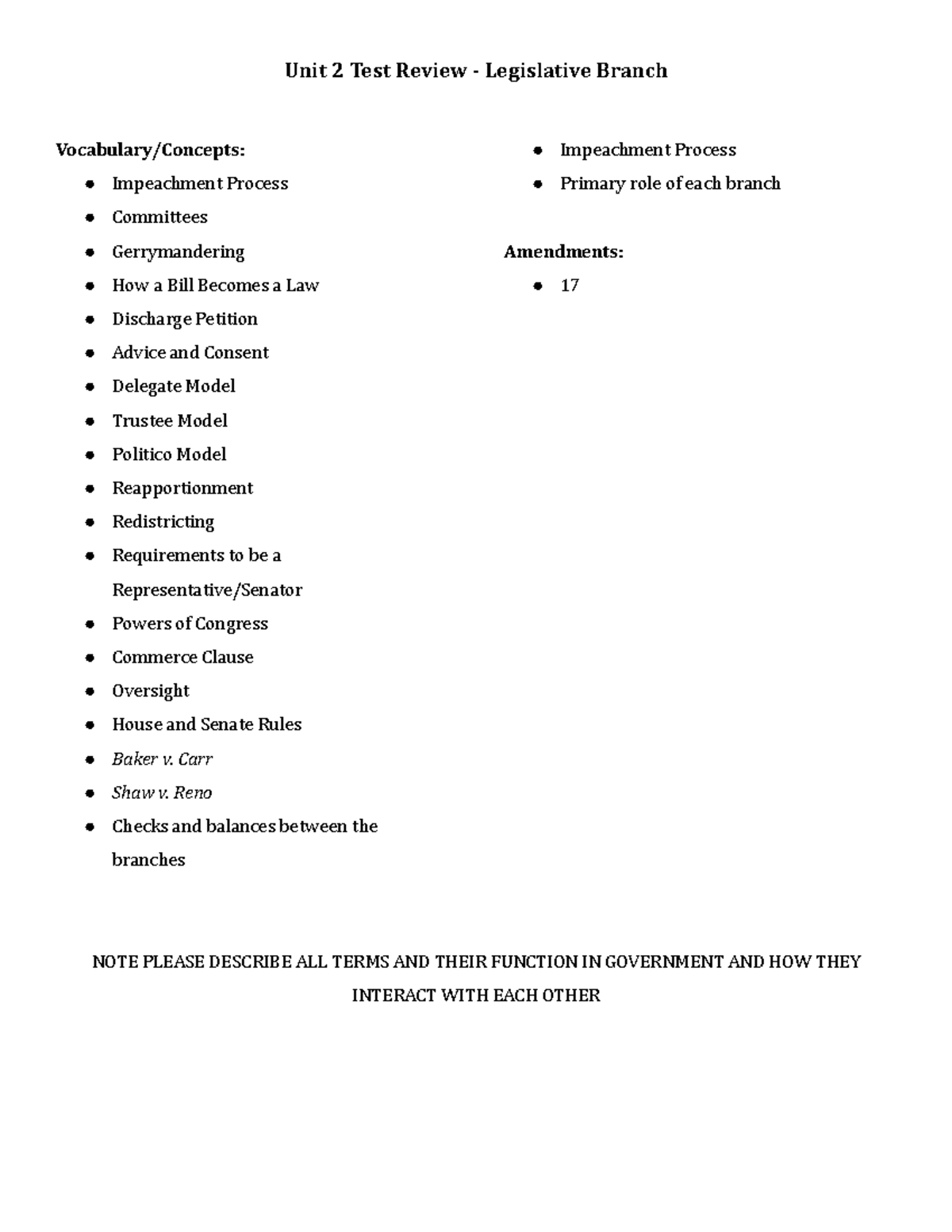 Unit 2 Test Review: Legislative Branch Concepts and Vocabulary - Unit 2 ...