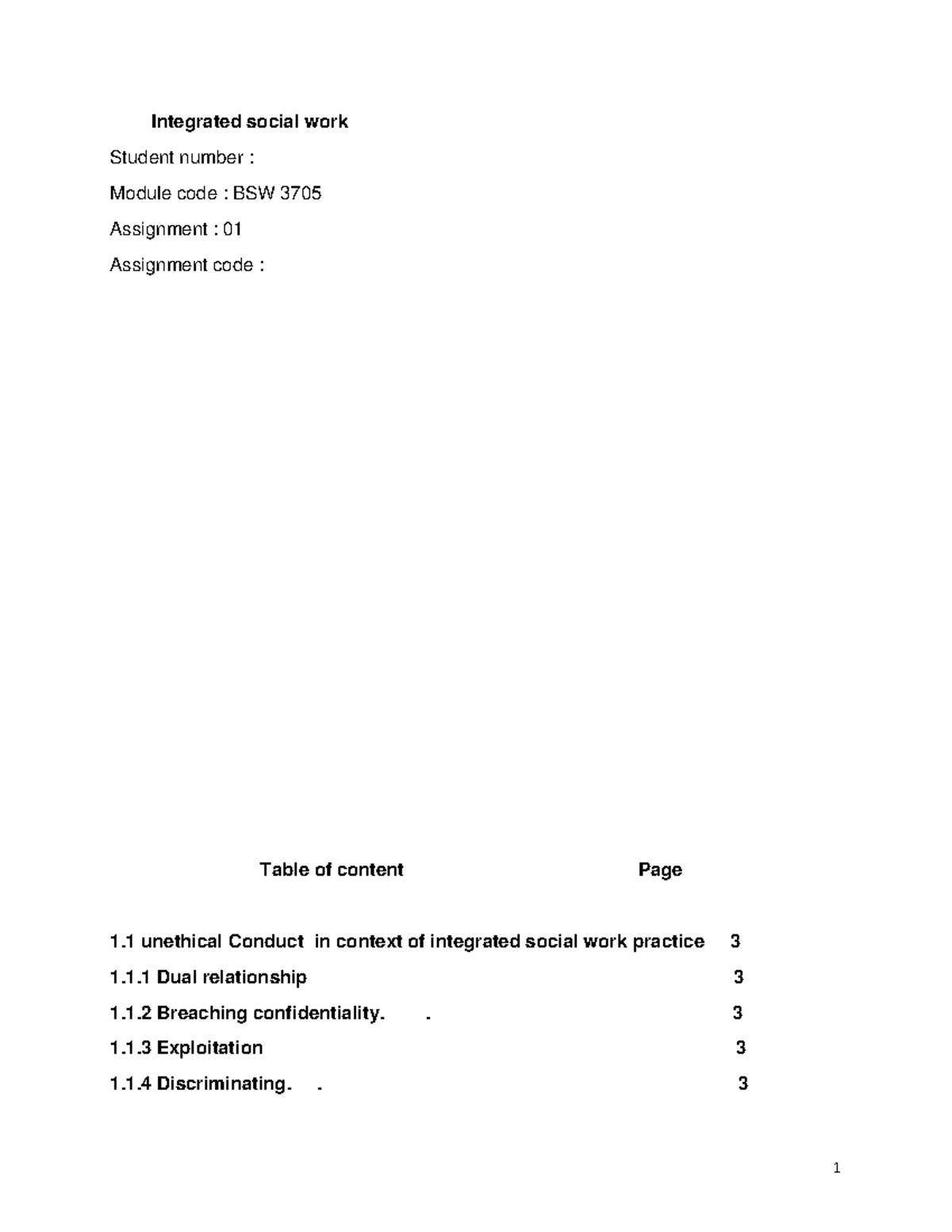 BSW 3705 Assignment 1: Ethics in Integrated Social Work Practice - Studocu