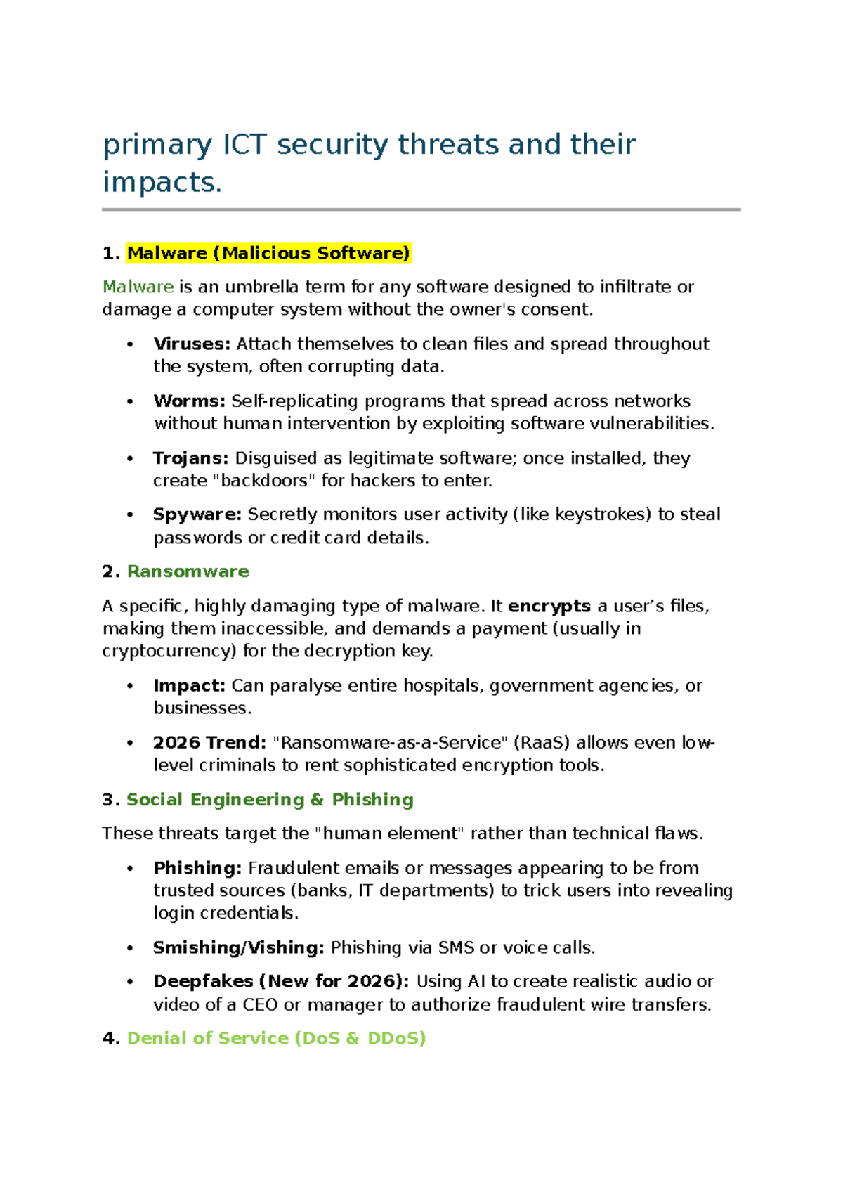 ICT Security Threats and Impacts: Malware, Ransomware, and More - Studocu