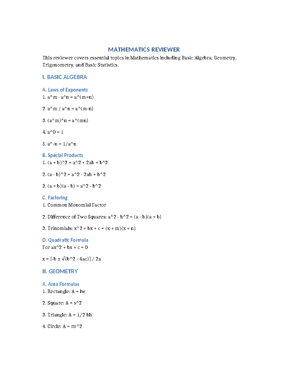 MAT 101: Comprehensive Mathematics Reviewer for Key Topics - Studocu