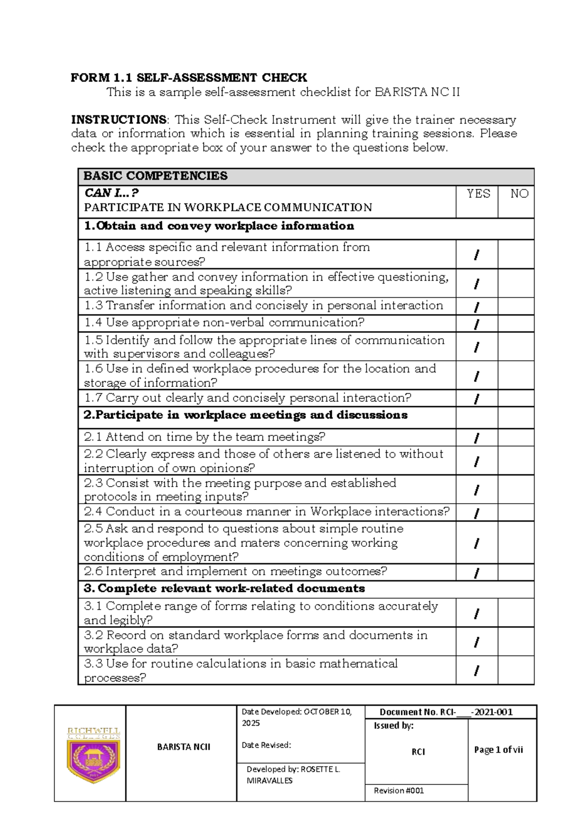 Barista NC II Training Checklist and Competency Assessment Guide - Studocu