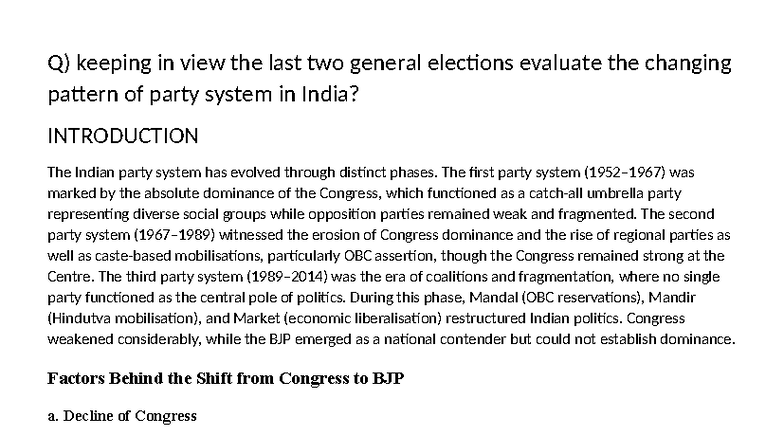 Changing Patterns of Party System in India: A Study of Elections (POL ...
