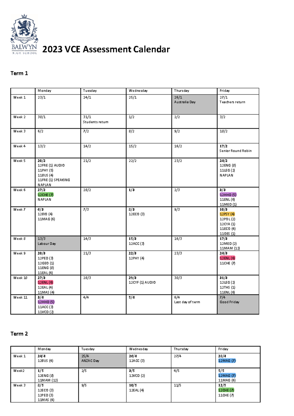 2023 VCE Assessment Calendar - 2023 VCE Assessment Calendar Term 1 Term ...