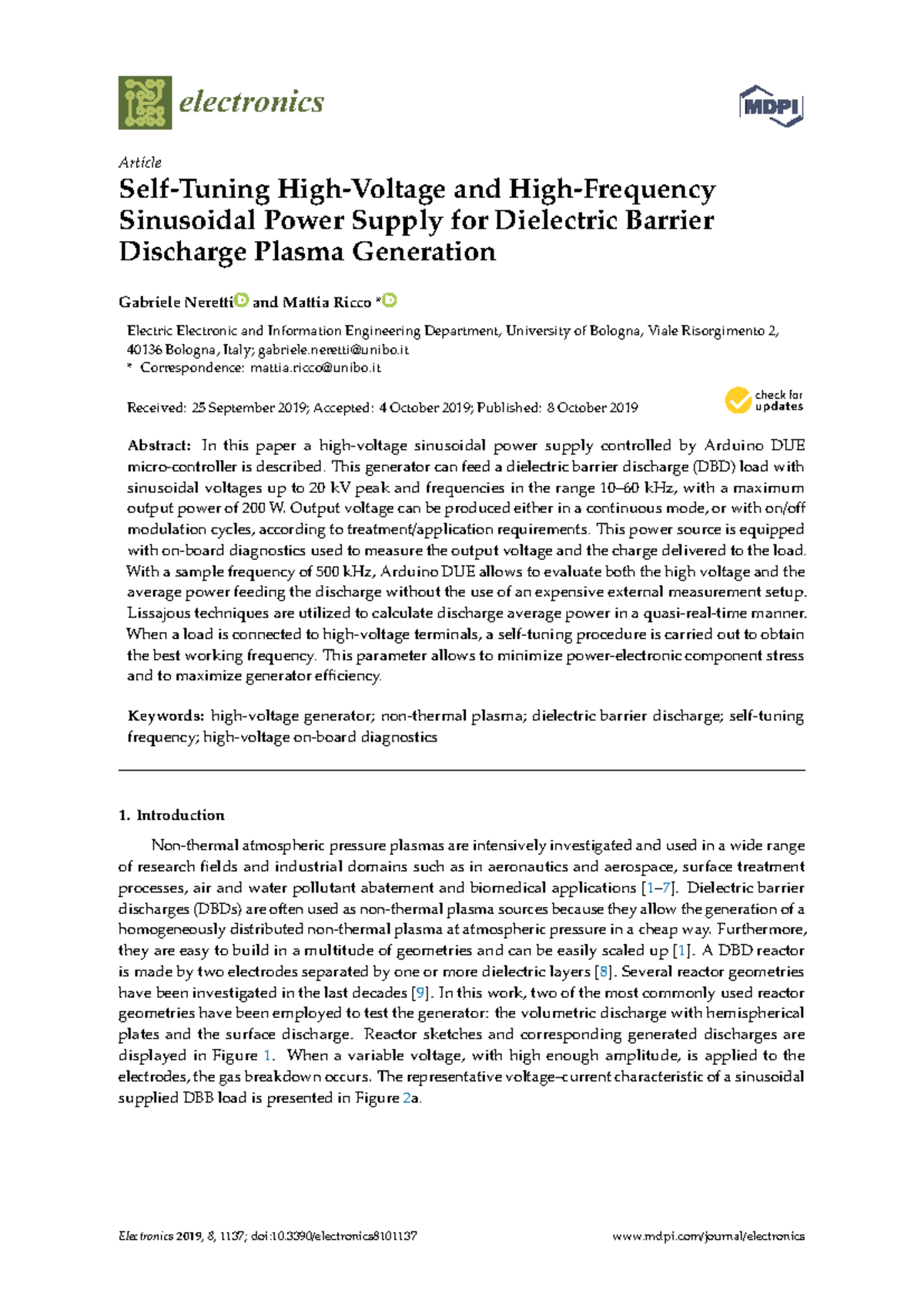 Self-Tuning High Voltage Sinusoidal Power Supply for DBD Plasma ...