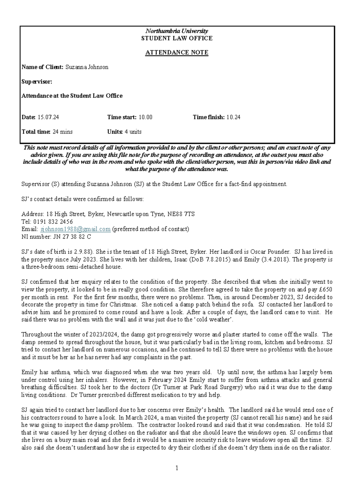 Attendance Note for Suzanna Johnson - 1 Northumbria University STUDENT ...
