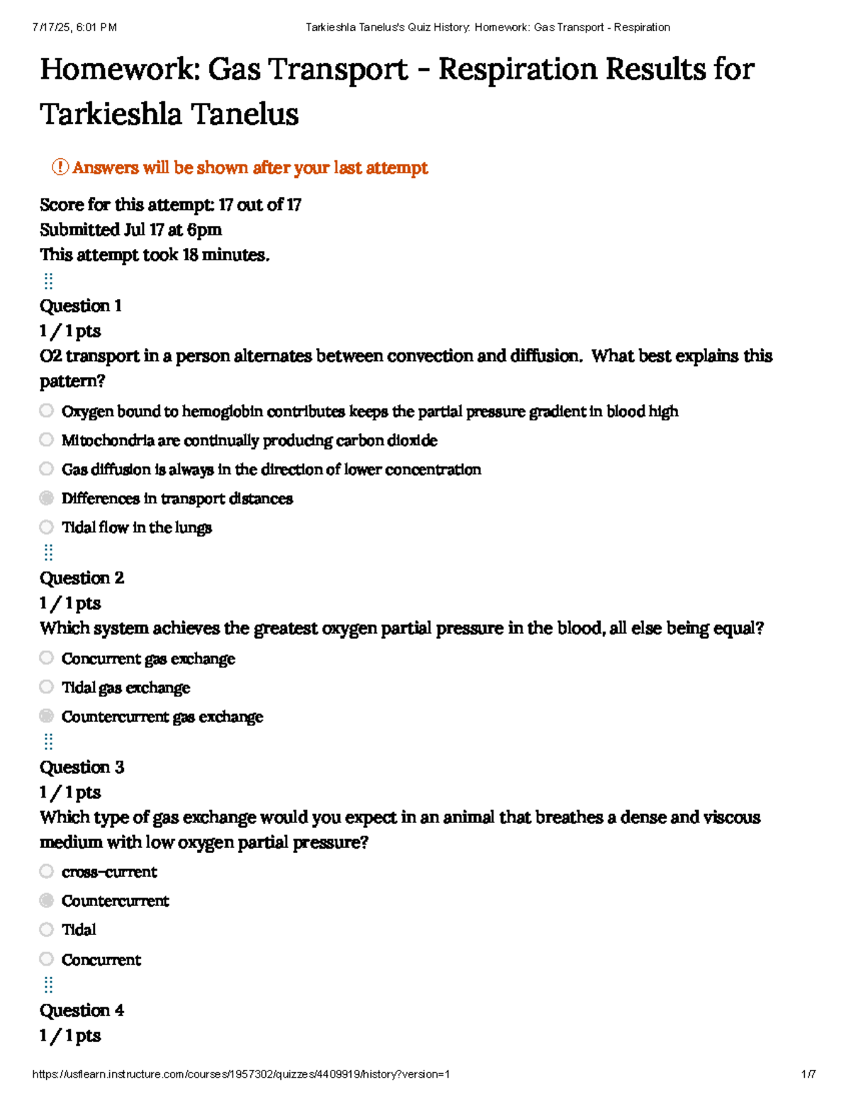 Quiz 6:01 PM Tarkieshla: Gas Transport & Respiration Results - Studocu