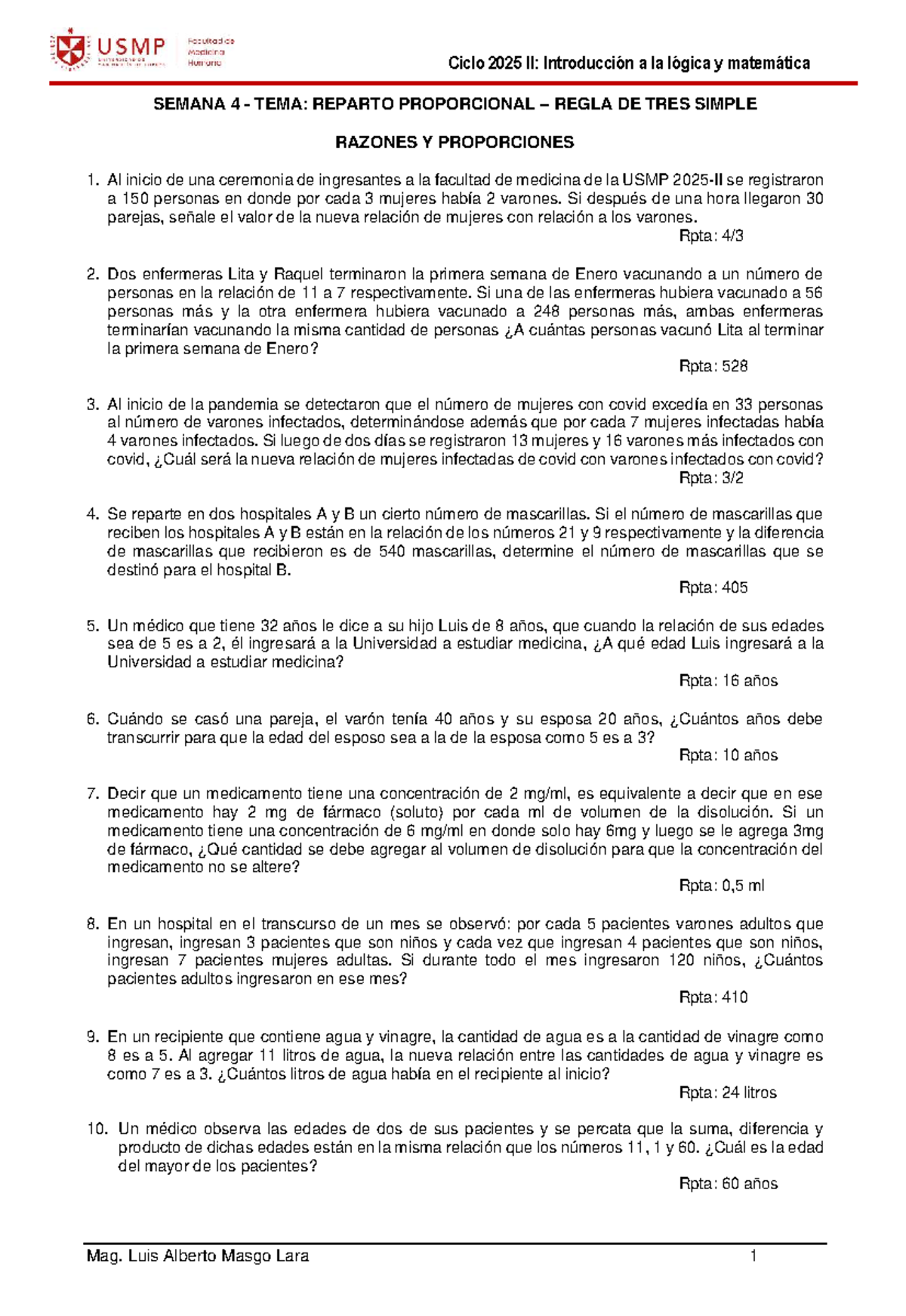 USMP-2025-II- Semana 4: Reparto Proporcional y Regla de Tres - Studocu