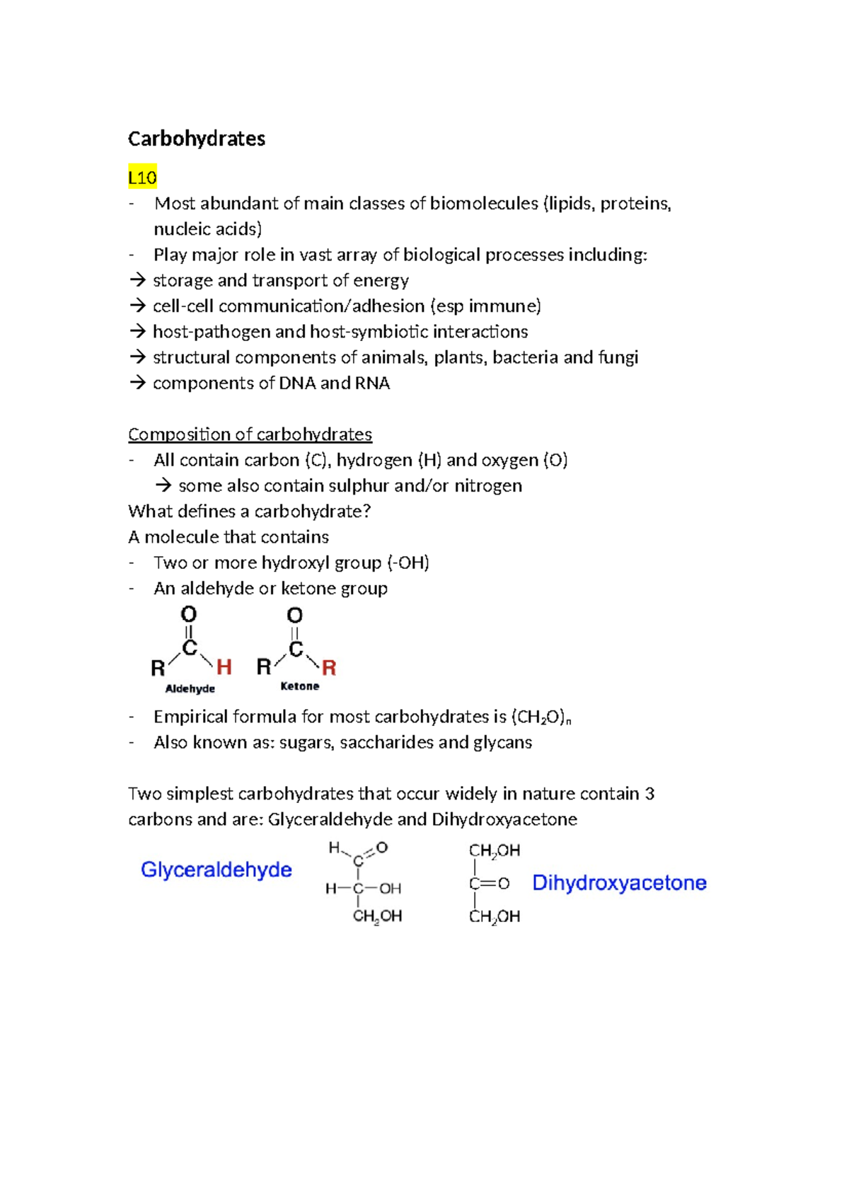 Carbohydrates - Lecture Notes for Biology 101 (BIO101) - Studocu