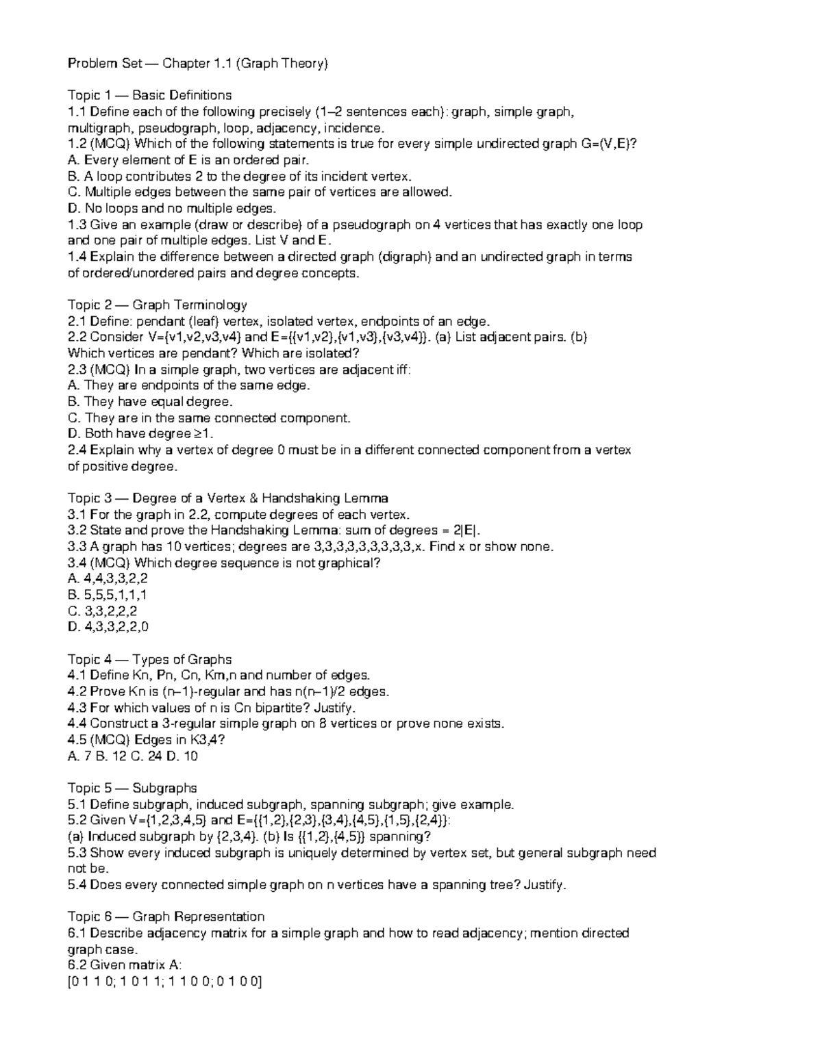 Problem Set CH1.1 (Graph Theory): Basic Definitions & Concepts - Studocu