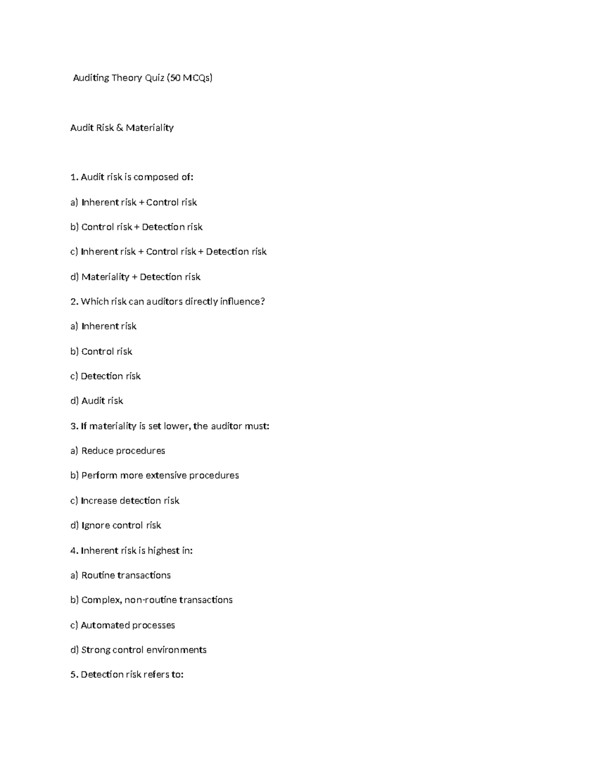 Auditing Theory Quiz (50 MCQs) on Audit Risk & Materiality - Studocu