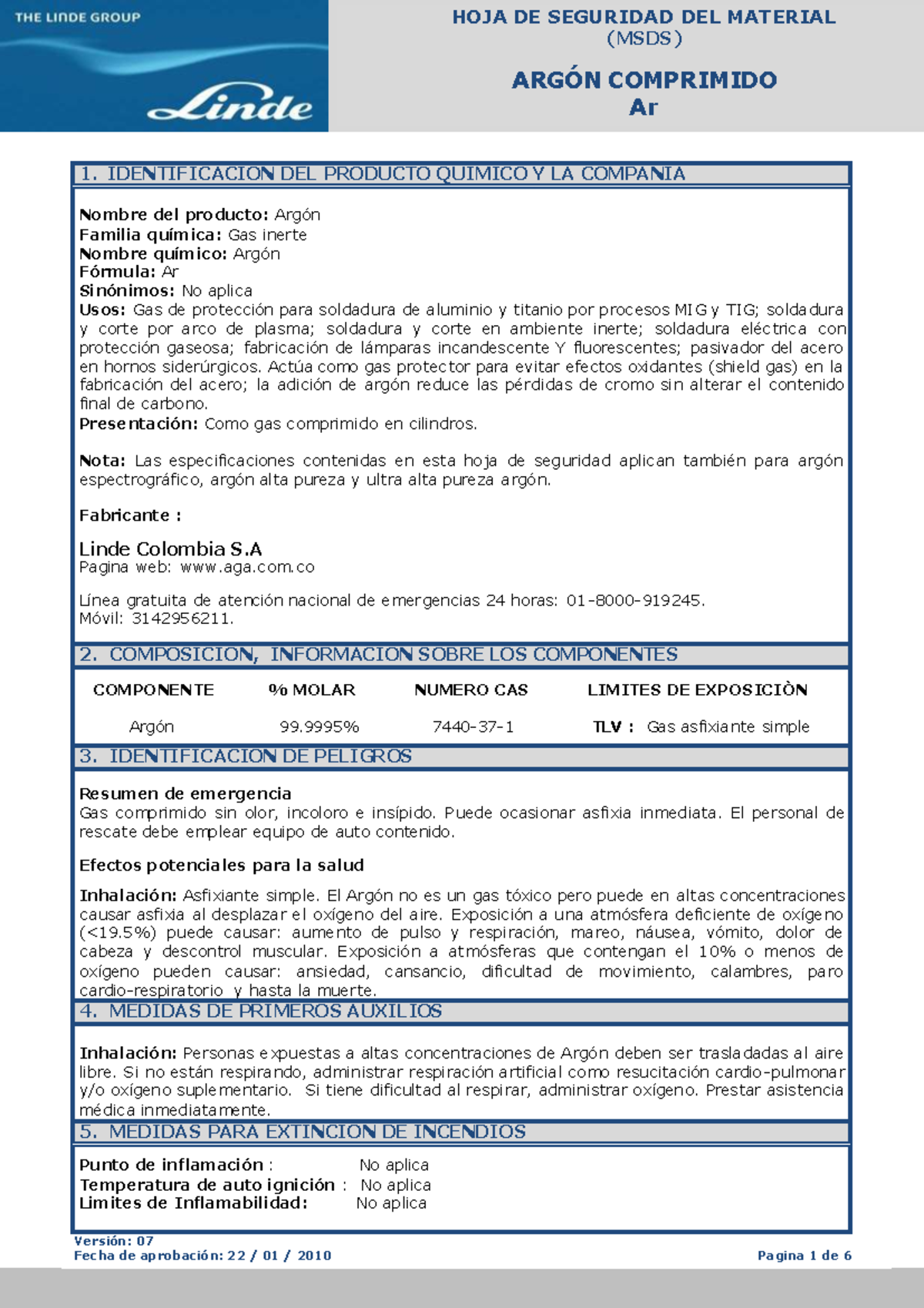 HOJA DE SEGURIDAD DEL MATERIAL (MSDS) ARGÓN COMPRIMIDO Ar - Studocu