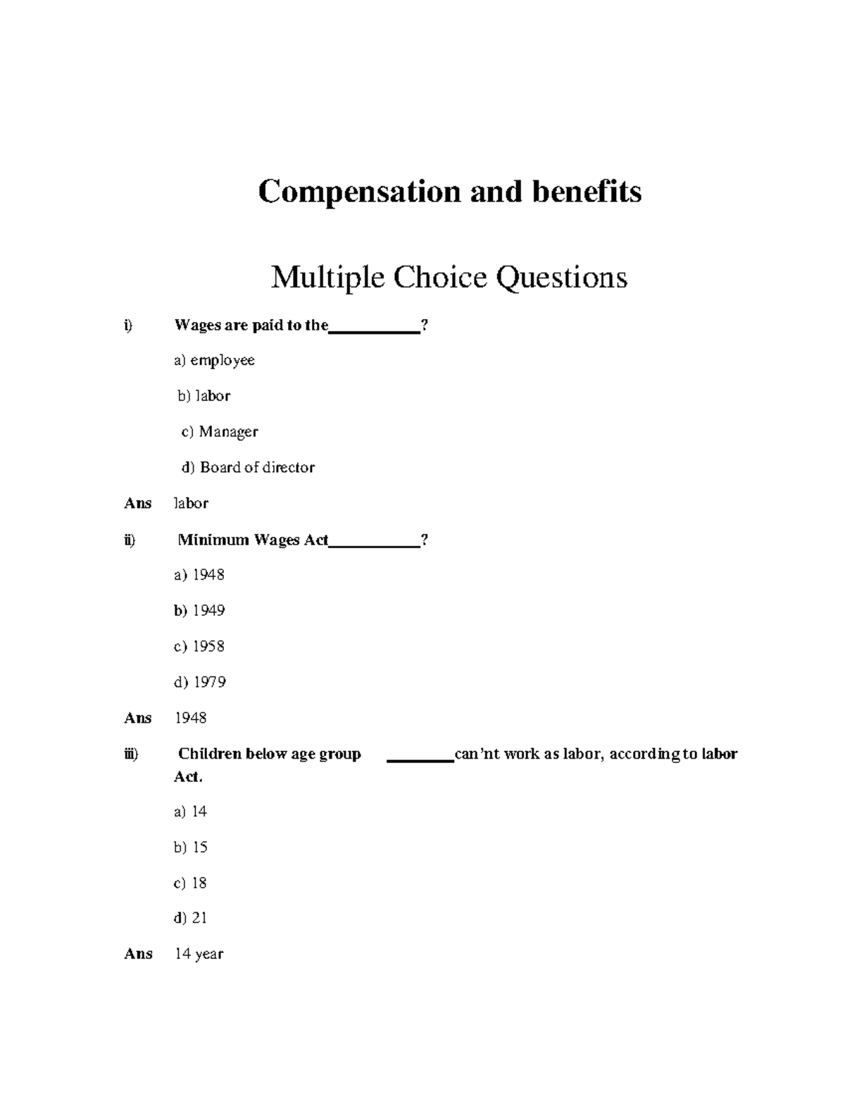 Compensation and benefits mcq - Compensation Management 1 Compensation ...