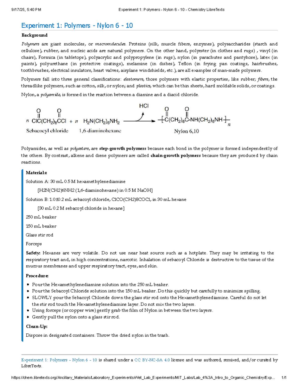 Chemistry 101: Experiment 1 - Synthesis of Nylon 6,10 Polymers - Studocu