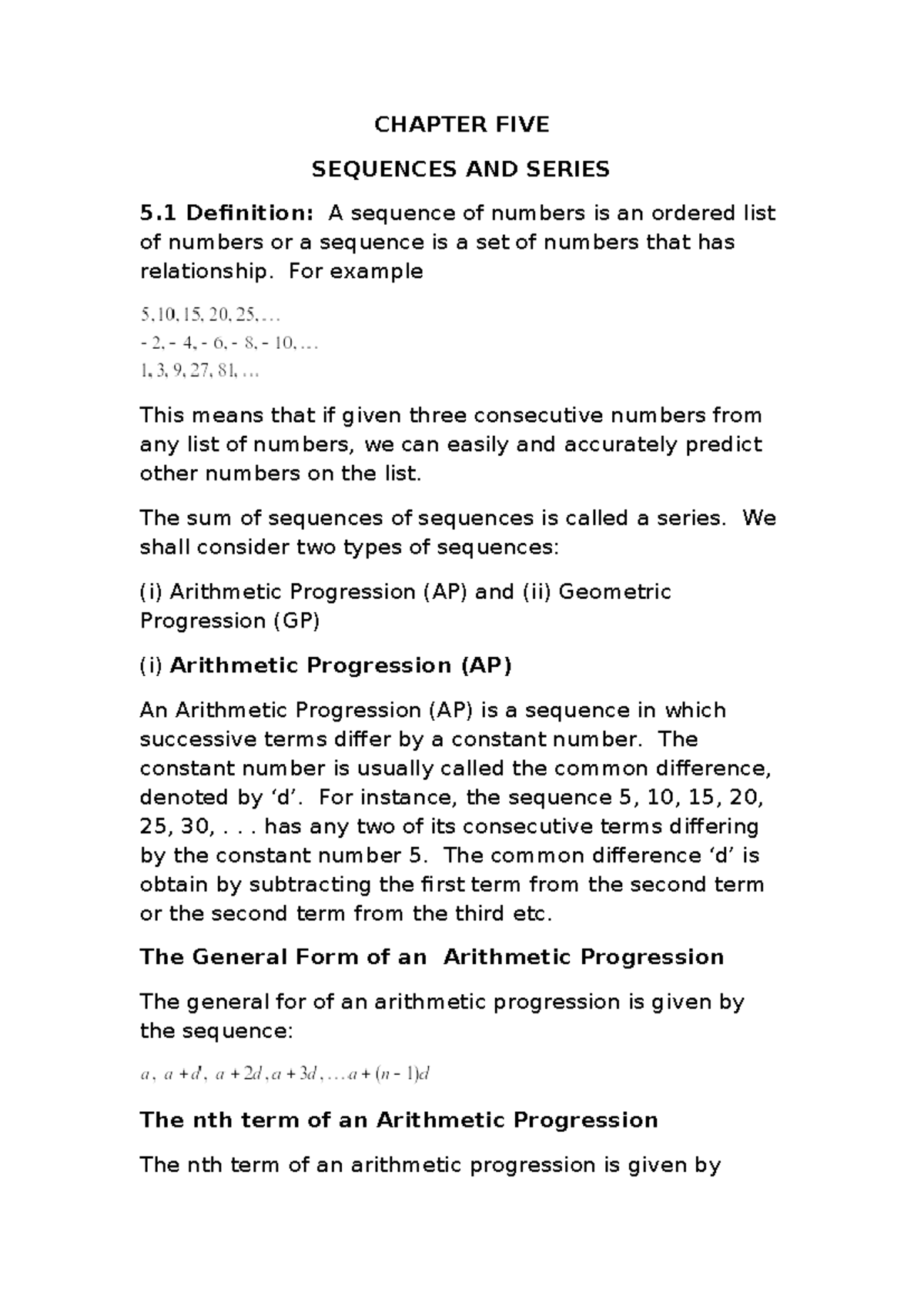 CHAPTER FIVE: SEQUENCES & SERIES - AP & GP Concepts - Studocu