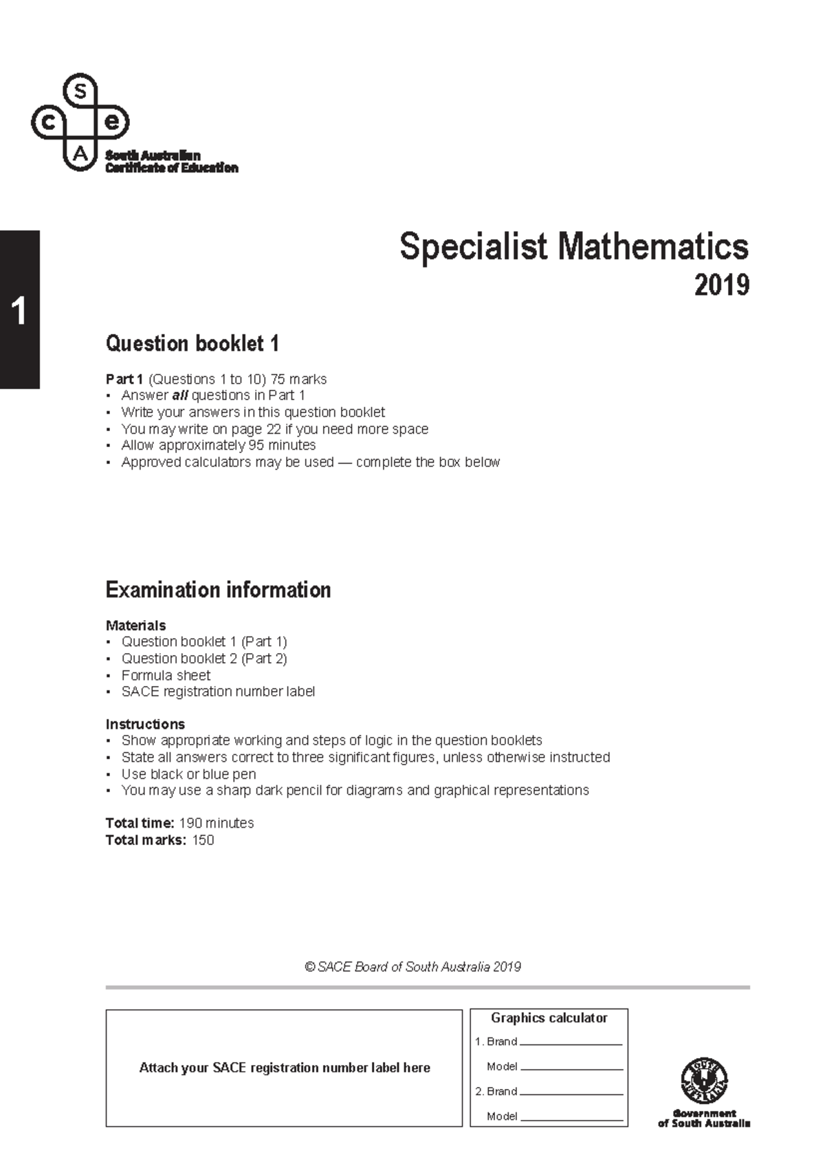 Specialist Mathematics 1 2019 Final Exam Question Booklet Part 1 - Studocu
