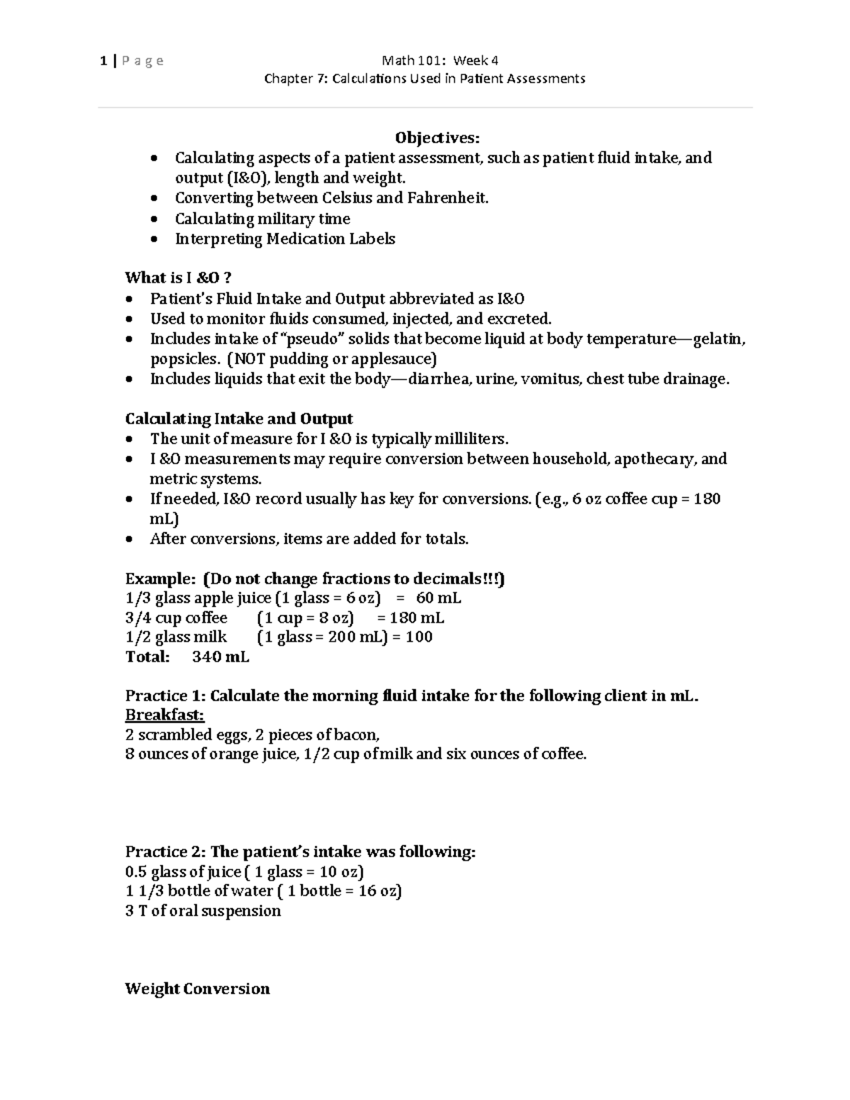 Math 101: Week 4 - Calculations in Patient Assessments and Medication ...