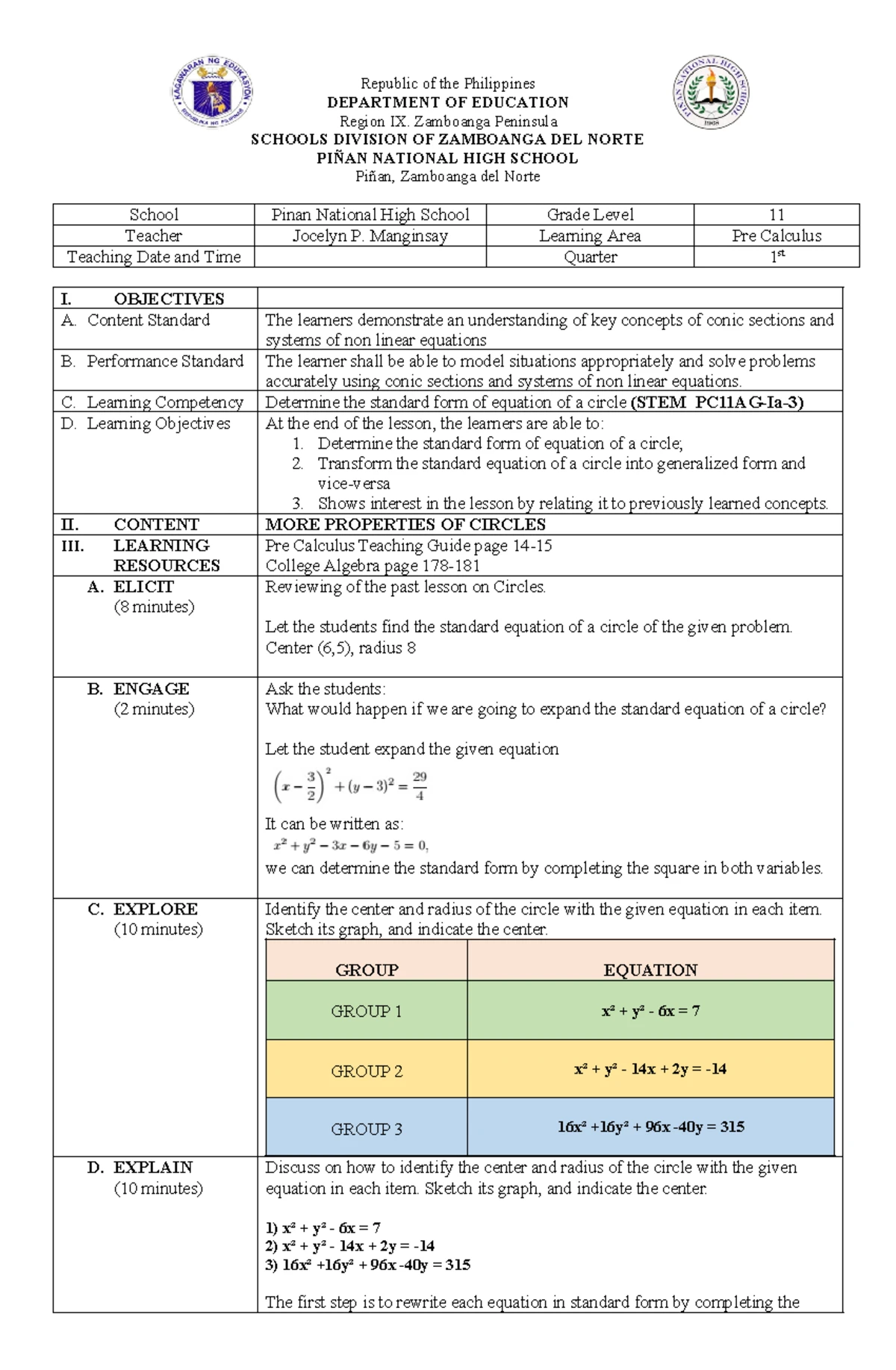 PC 11 Precalculus Lesson Plan: Understanding Hyperbolas - Studocu