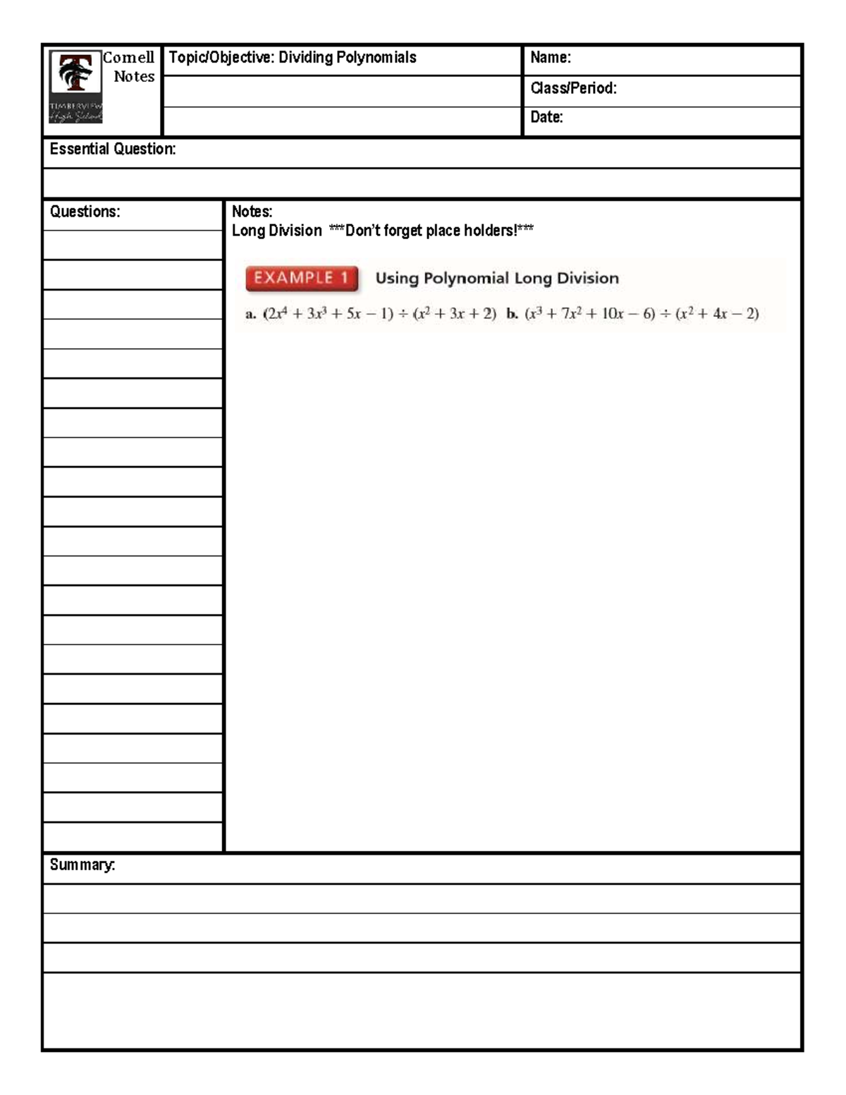 CN+5 - Algebra 2 notes - Cornell Notes Topic/Objective: Dividing ...