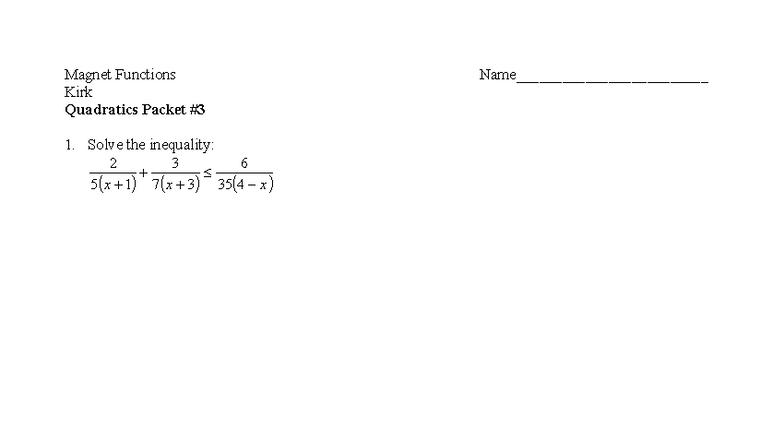 Magnet Precalculus A - Quadratics Problem Set Solutions - Studocu