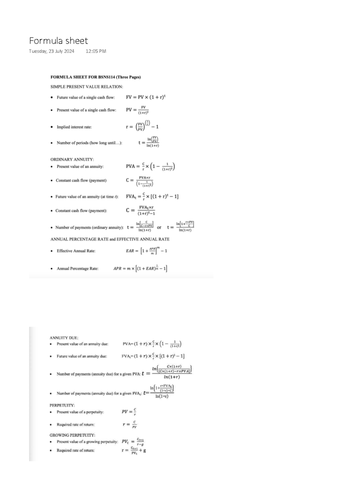 BSNS114 Formula Sheet: Present Value & Annuity Concepts - Studocu