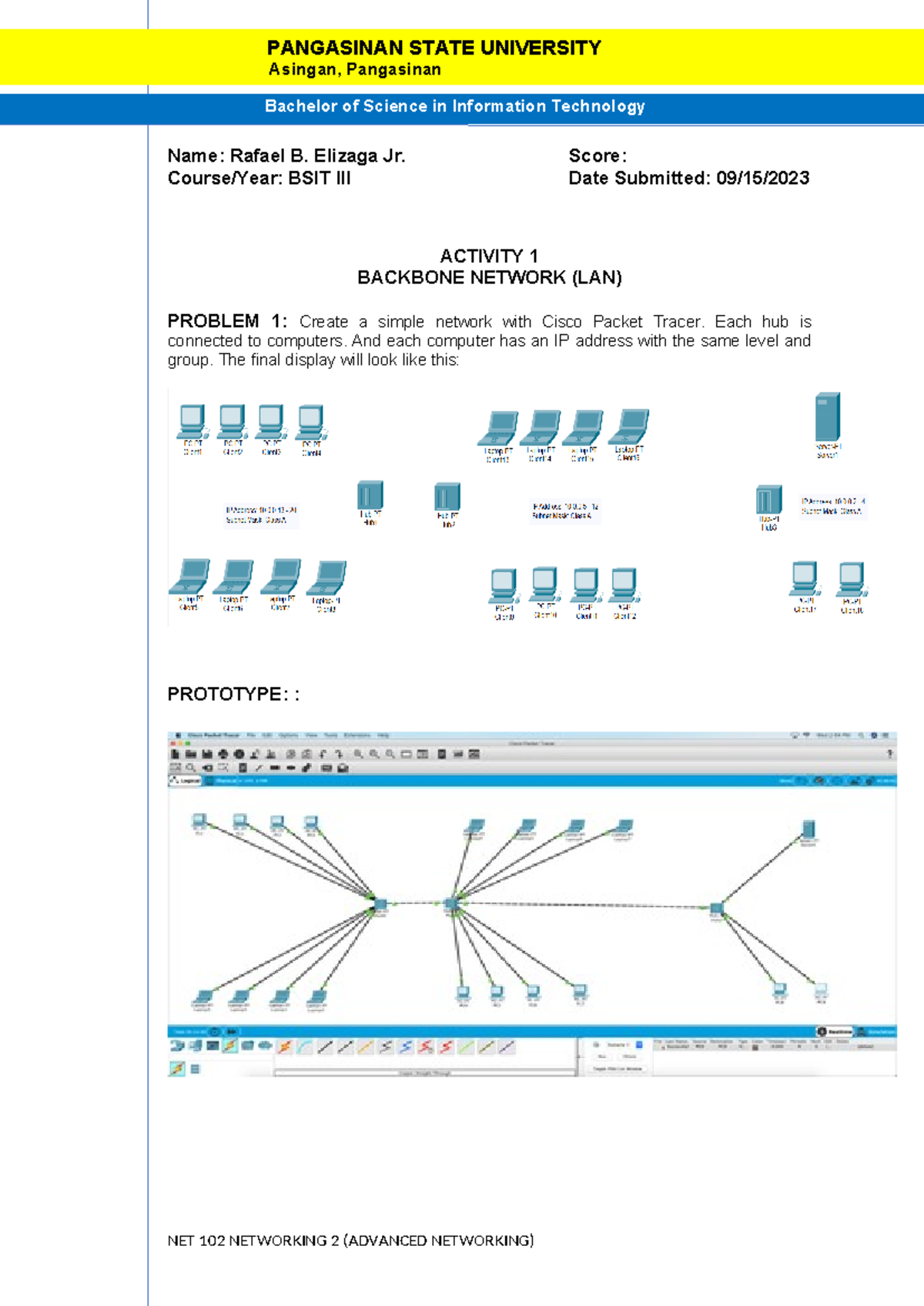 NET102 Activity 1: Simple Network Design Using Cisco Packet Tracer ...
