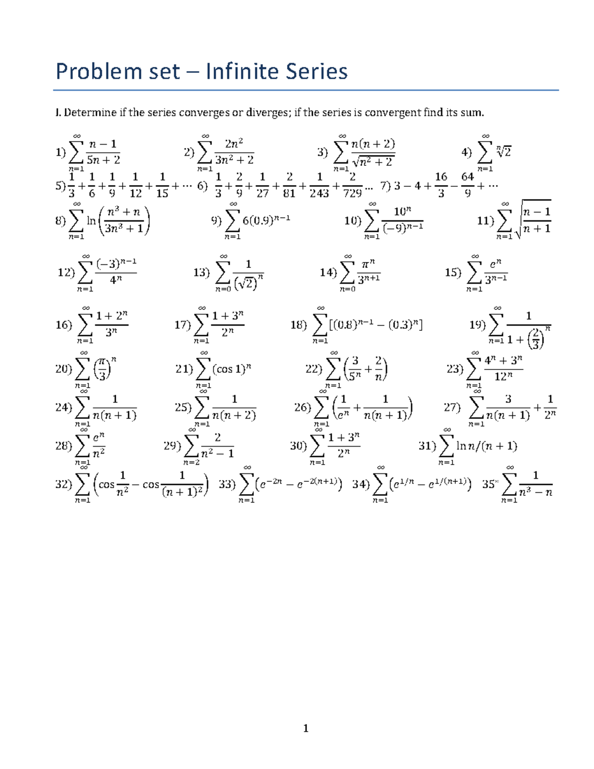 Problem Set MATH101: Infinite Series Convergence Analysis - Studocu