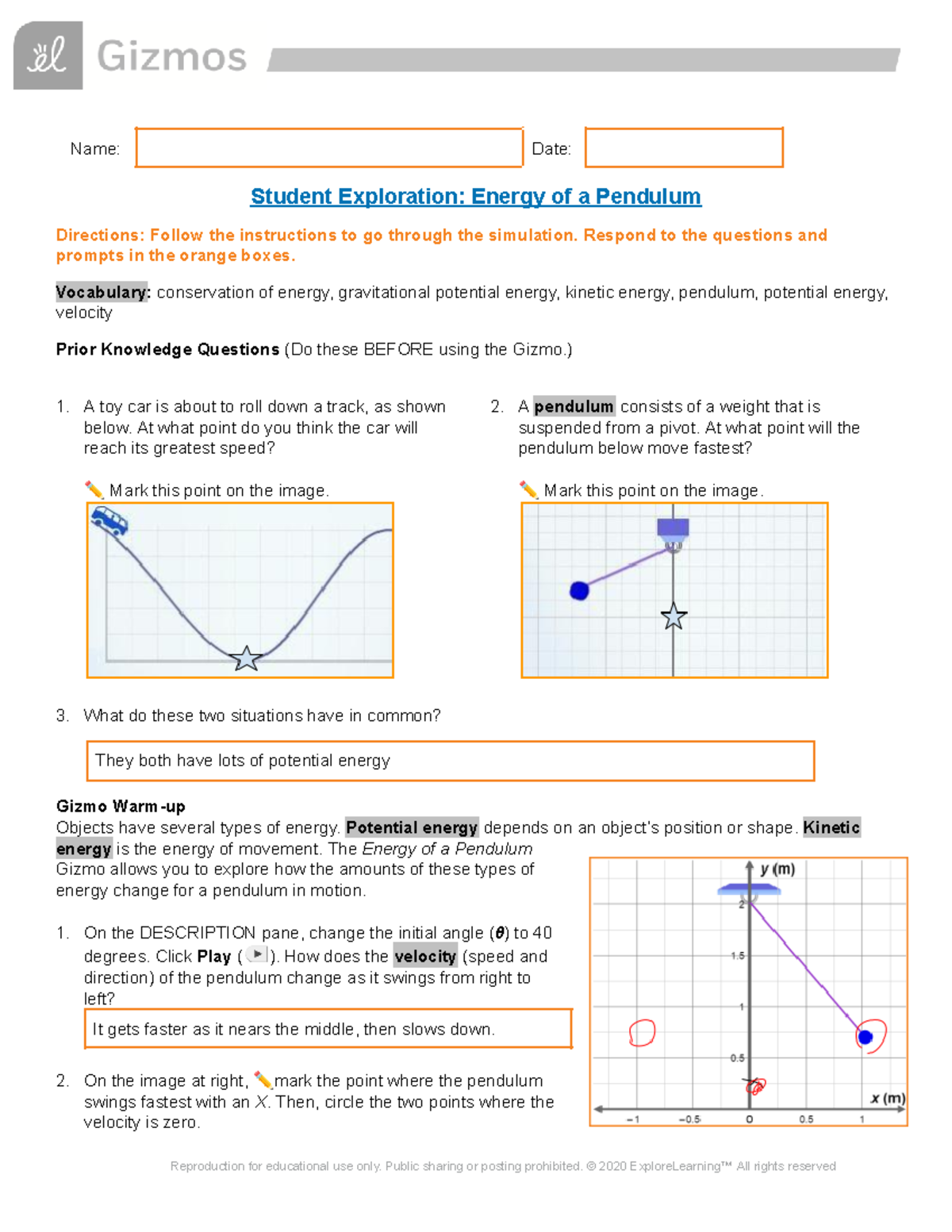 Energy of a Pendulum Lab - SE Exploration Guide for Understanding PE ...