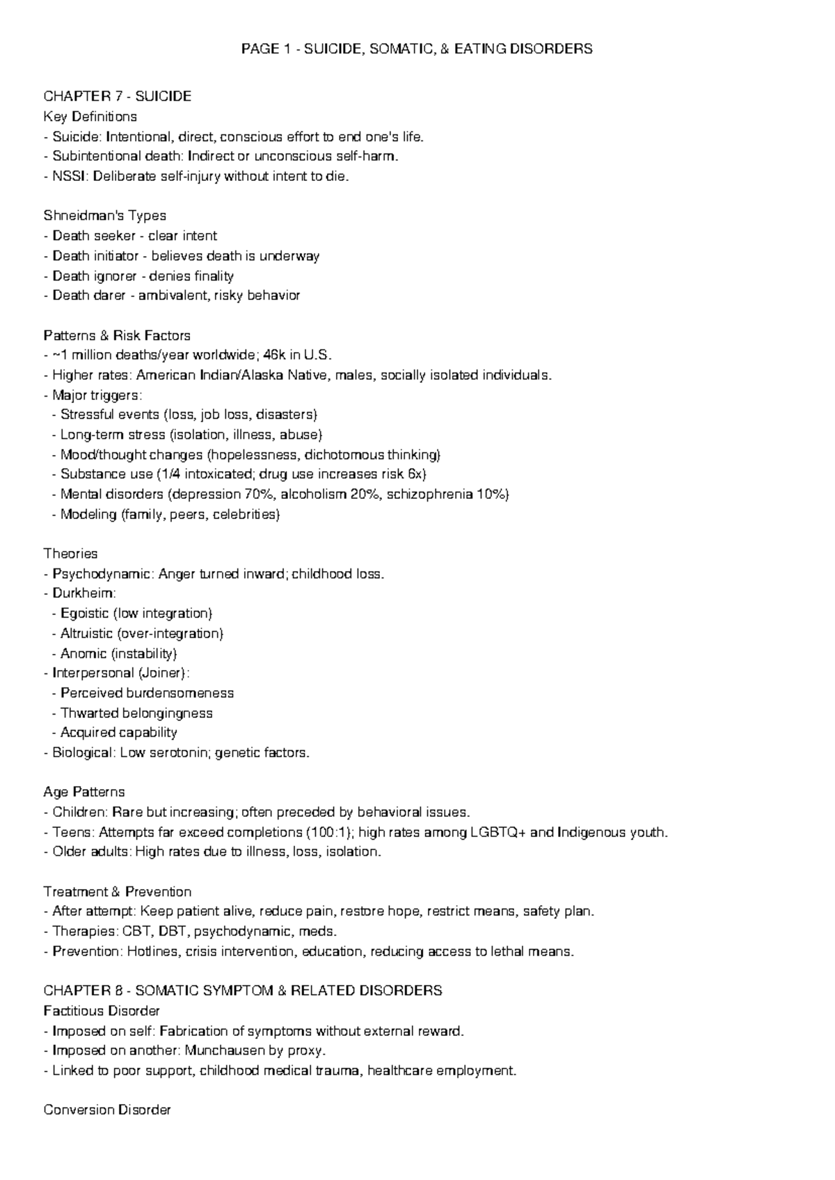 PSY 301 Exam 2 Cheat Sheet: Suicide, Somatic, and Eating Disorders ...