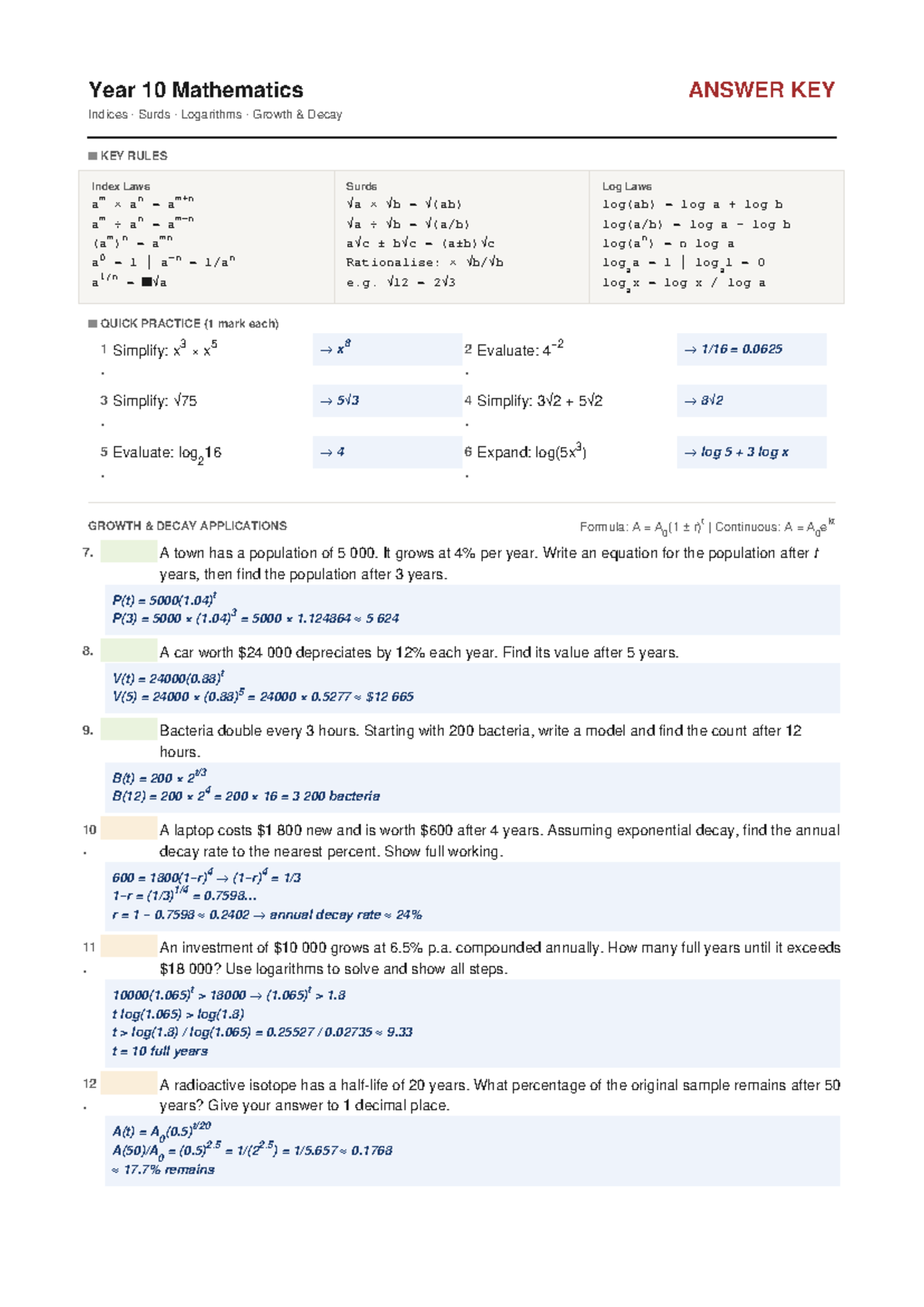 Year 10 Maths Final Exam Answer Key: Indices, Surds, Logarithms - Studocu