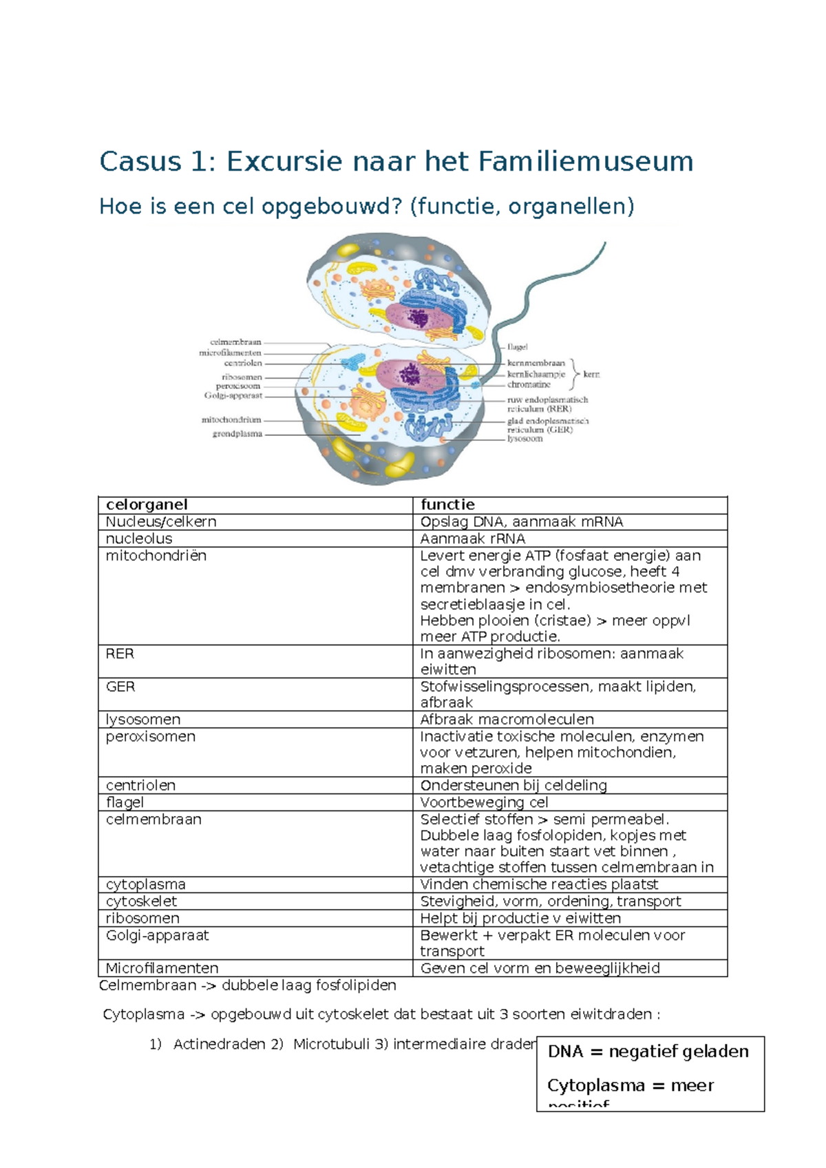 Casus 1 Geneeskunde: Excursie en Celbiologie Overzicht - Studeersnel