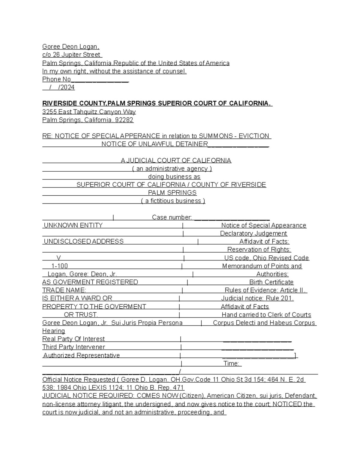 Court Special Appearance Notice: Goree Deon Logan Case Details - Studocu