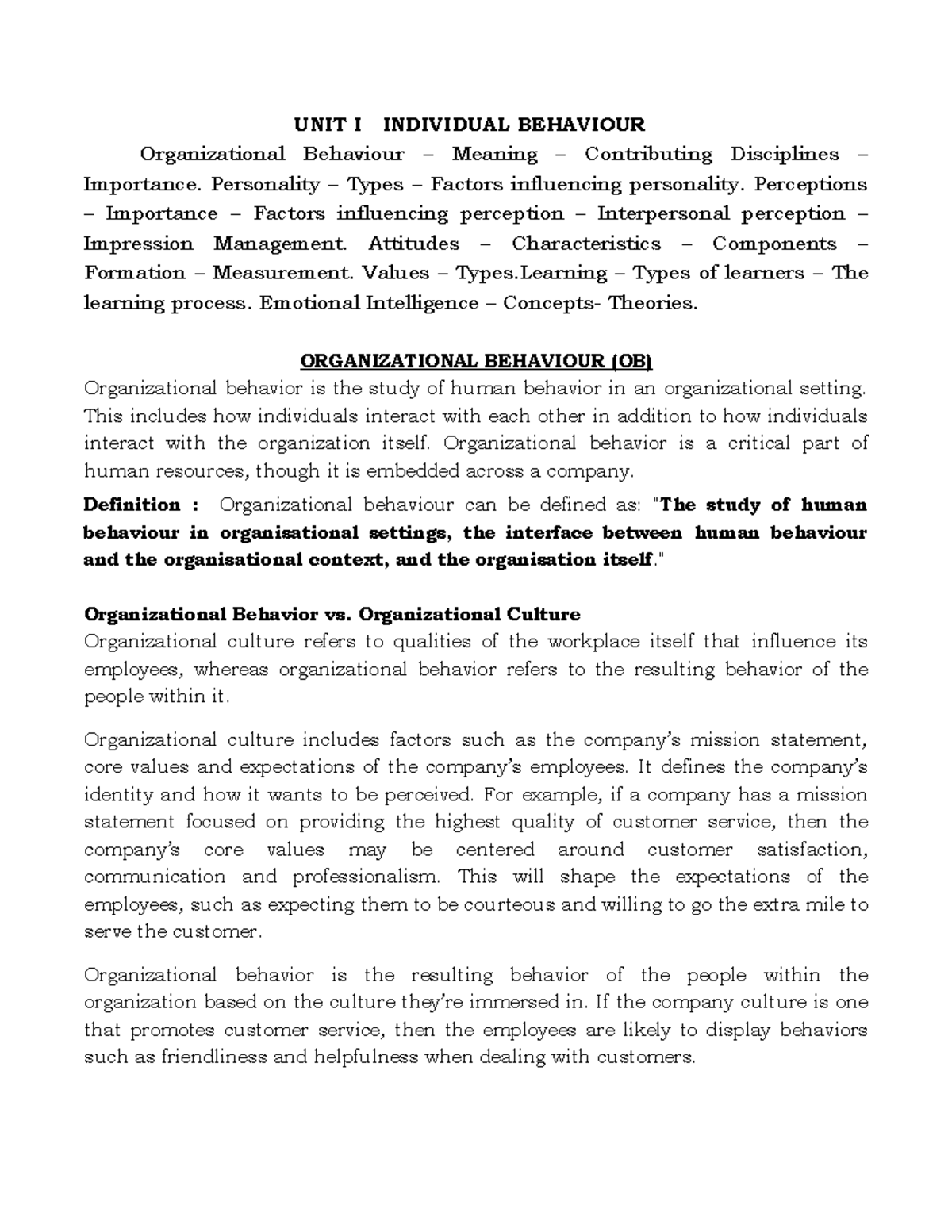 Unit 1: Understanding Individual Behavior in Organizational Contexts ...