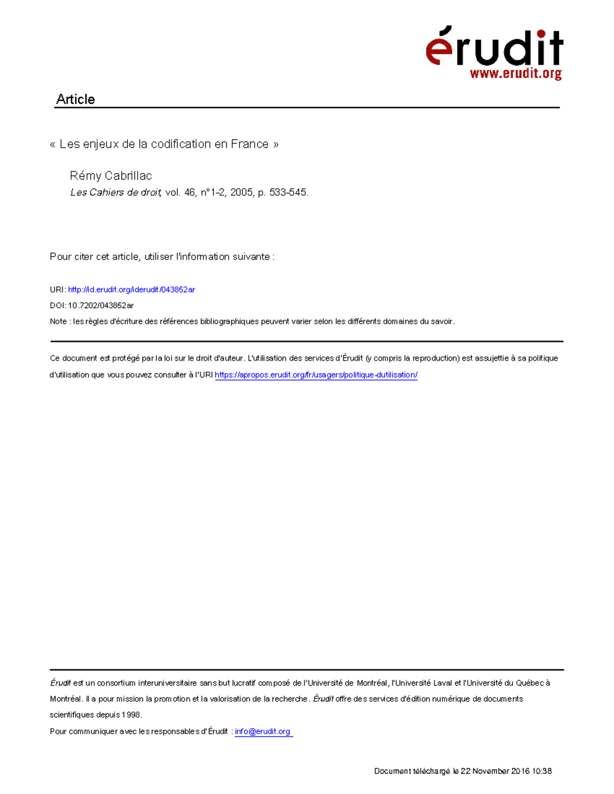Les enjeux de la codification en France - Rémy Cabrillac (2005) - Studocu